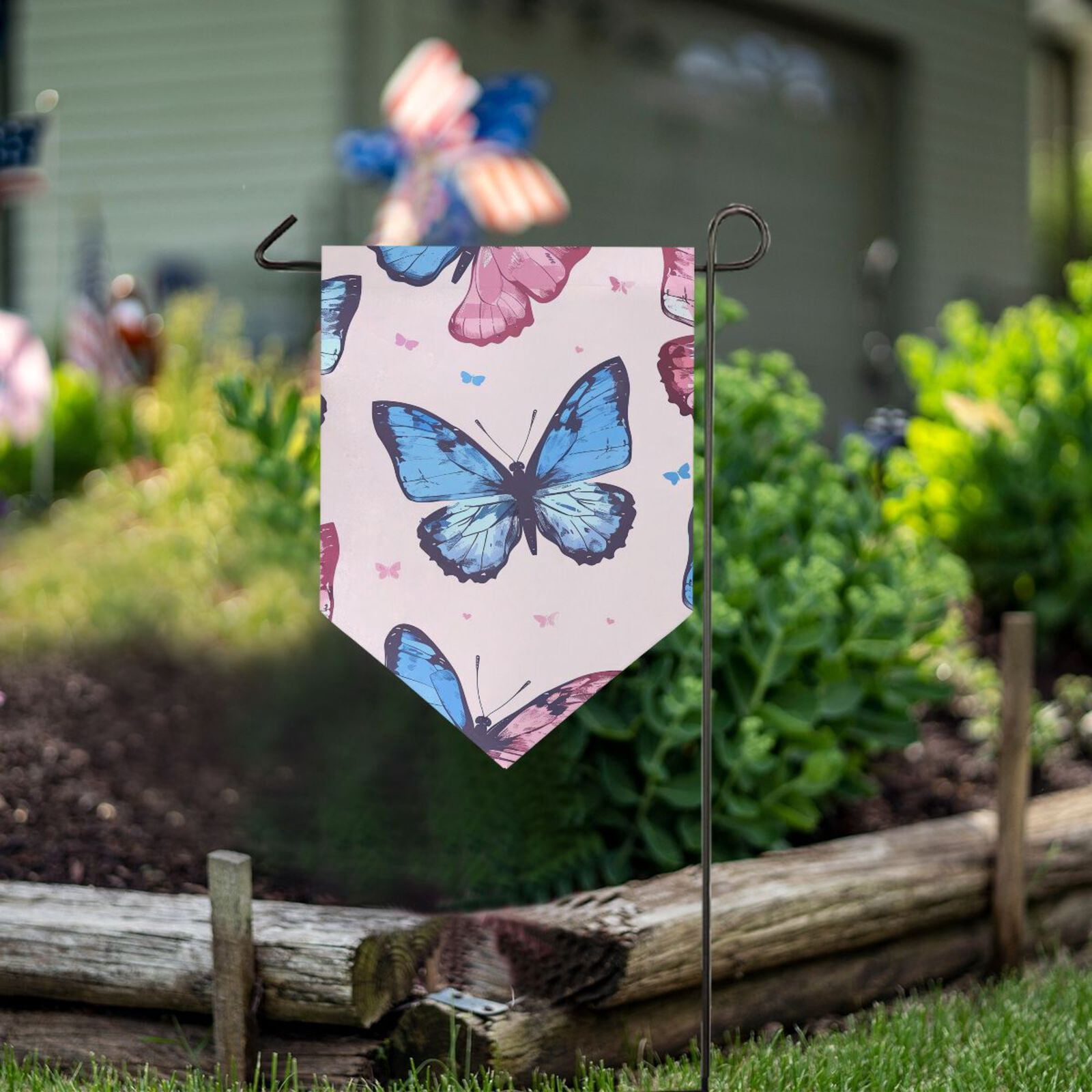 Pink Blue Butterflies Garden Flag 18" x 12.5" Double Sided Yard Lawn ...
