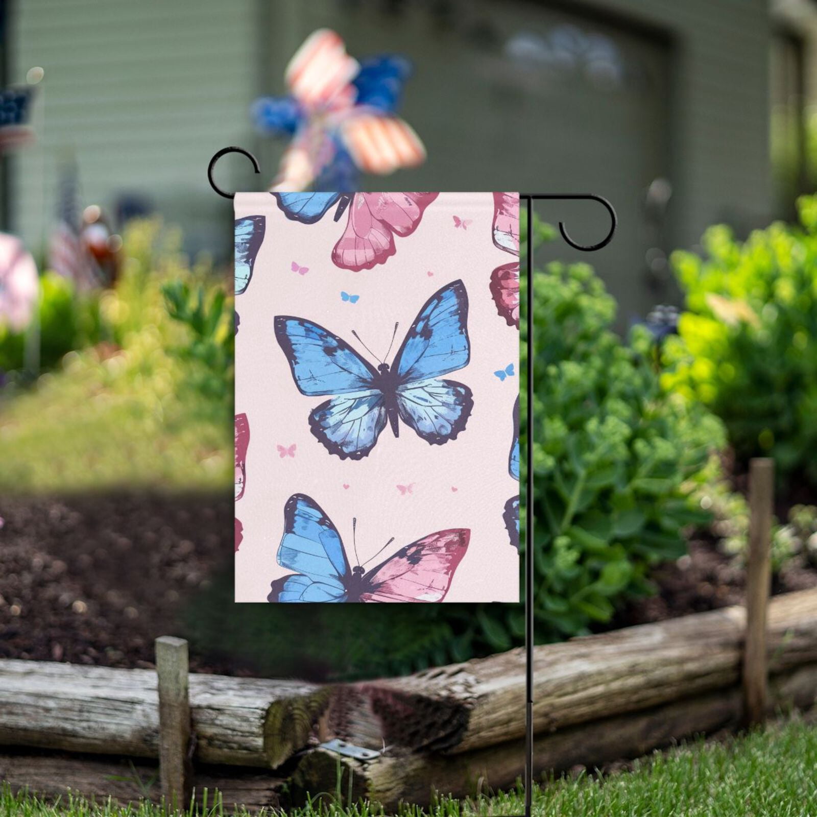Pink Blue Butterflies Garden Flag Double Sided Outdoor Banners for ...