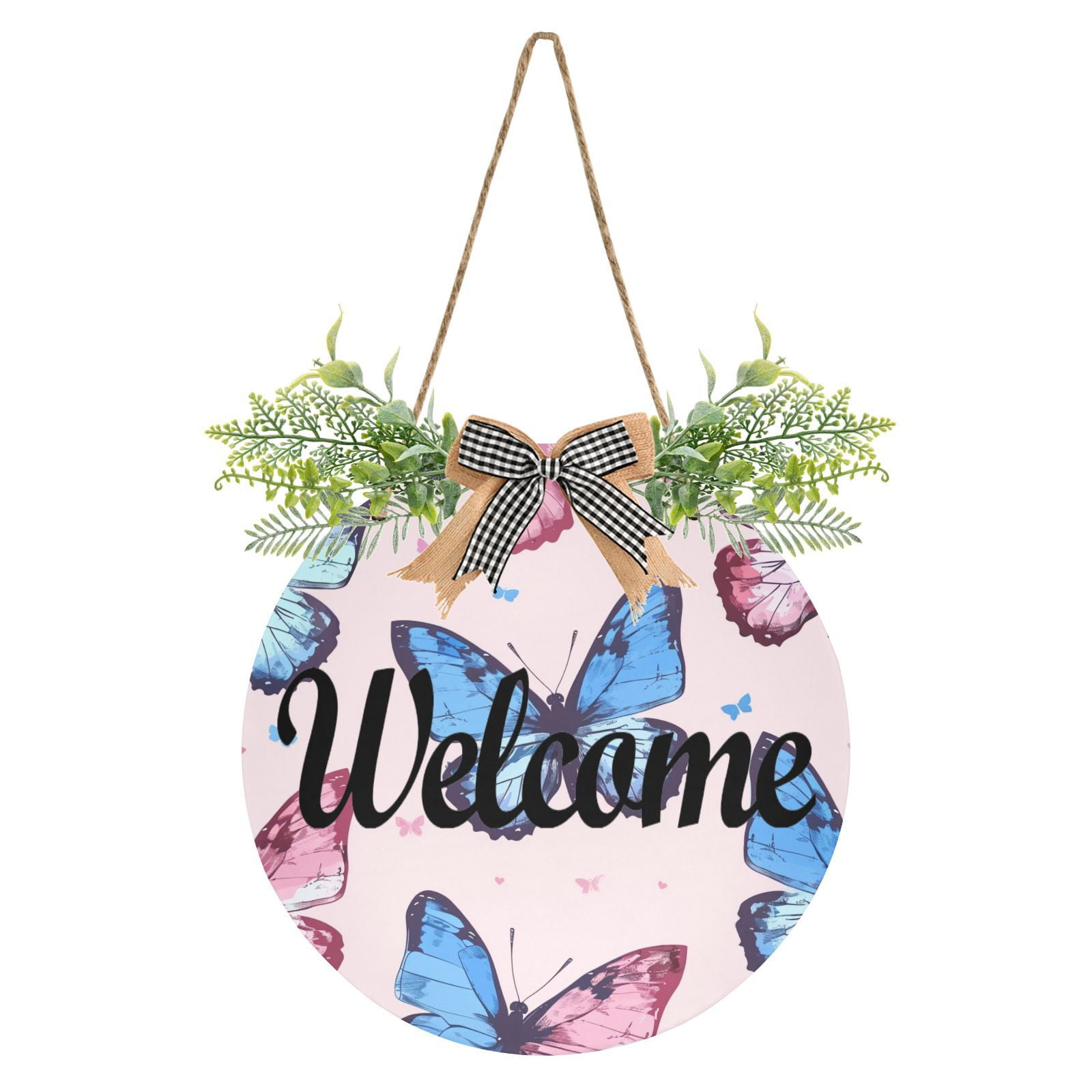 Pink Blue Butterflies Welcome Sign for Front Door Wreath Door Sign for ...