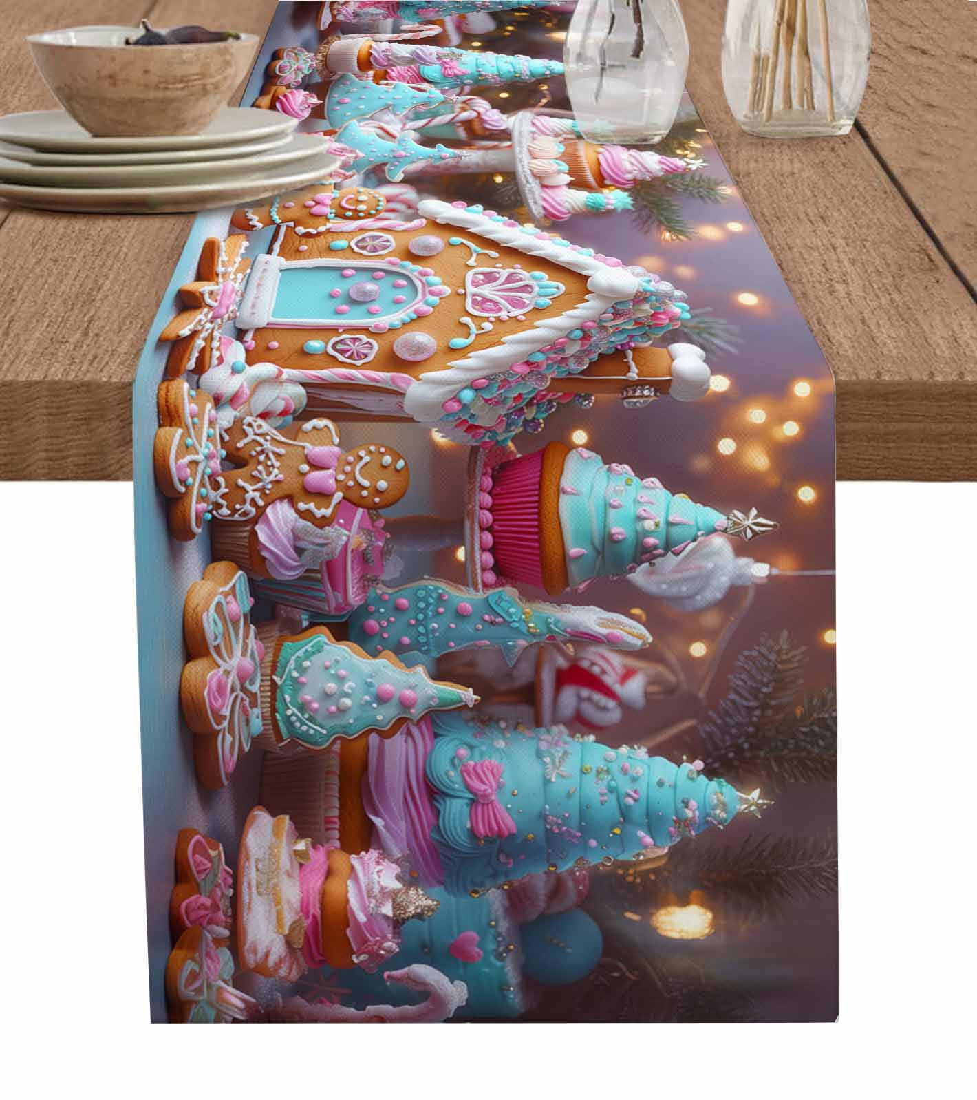 Pink Blue Christmas Table Runner Xmas Candy Castle Balls Tablerunners ...