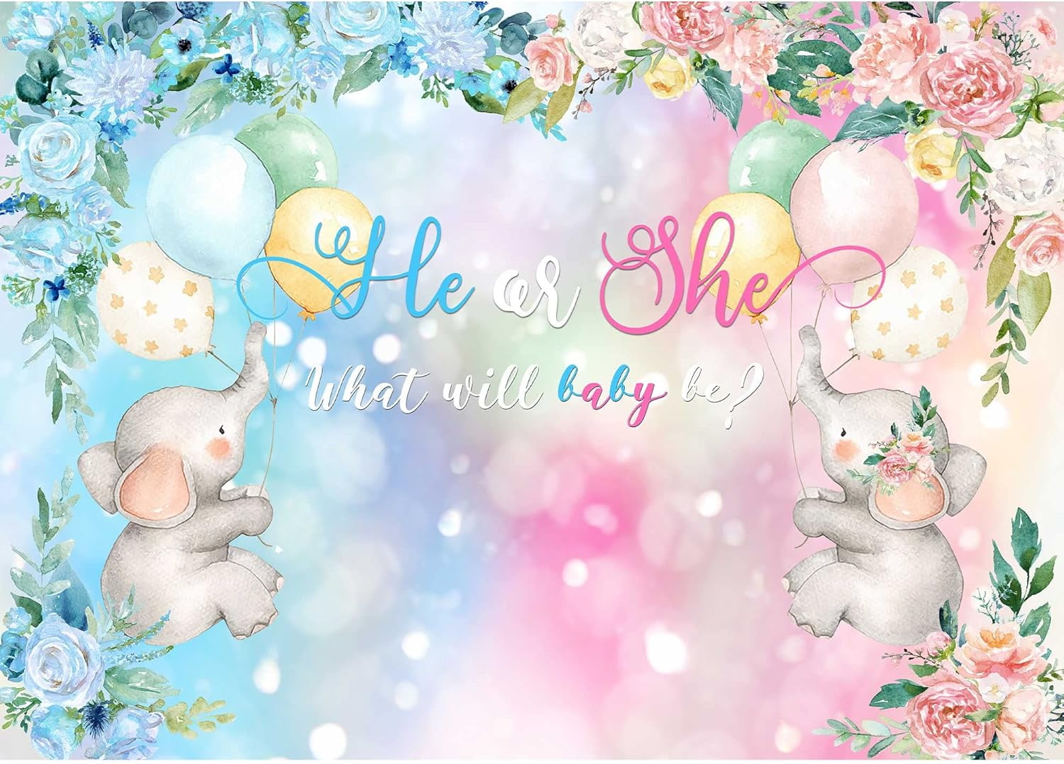 Pink & Blue Elephant Gender Reveal Backdrop Flowers Baby Shower ...