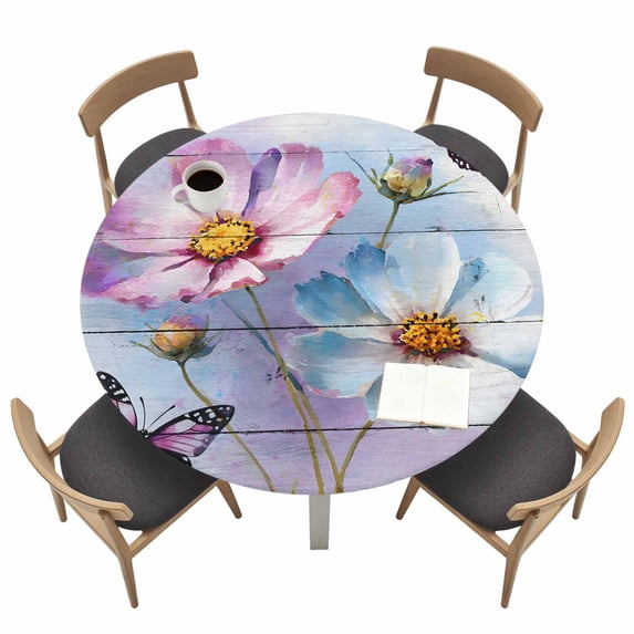 Pink Blue Floral Fitted Tablecloth with Elastic Edged, Round Table ...
