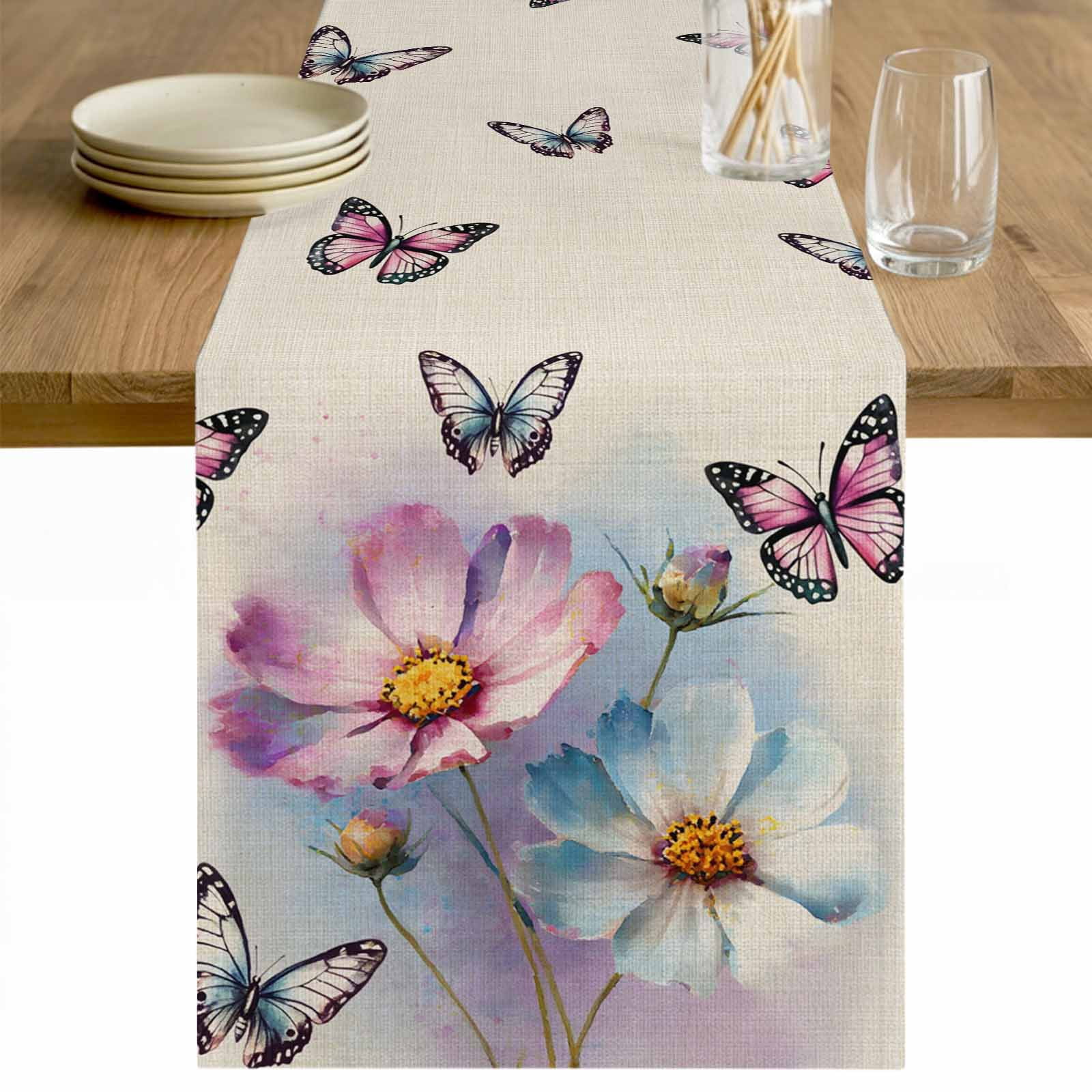 Pink Blue Floral Table Runner - 60 Inch Long Butterflies Retro Oil ...