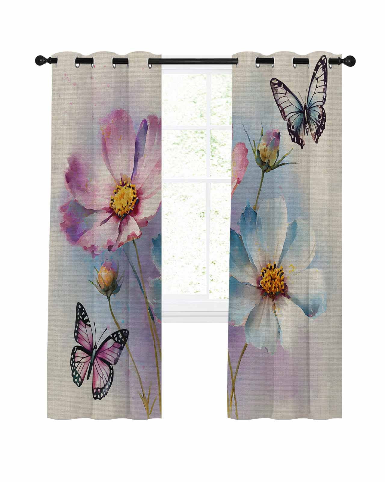 Pink Blue Flower Blackout Curtains 96 Inch Length Watercolor Gradient ...