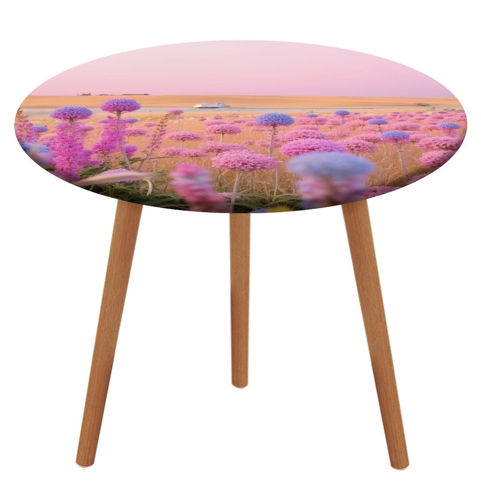 Pink And Blue Flower Field at Sunset Pattern Round Tablecloth Waterproof Elastic Table Clothes ...