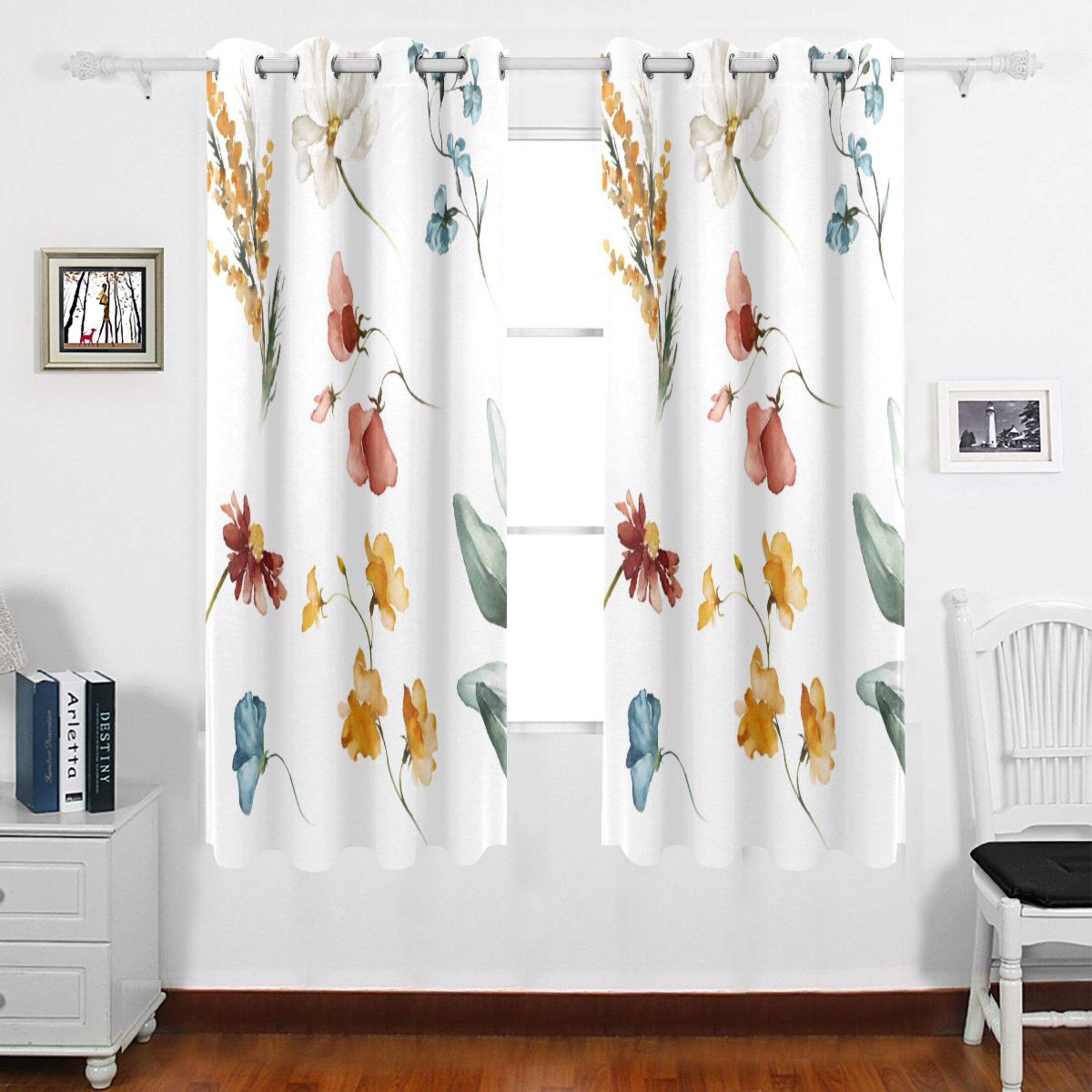 Pink Blue Flower Green Leaves Grommet Blackout Curtains Thermal Insulated Window Curtain Sets ...