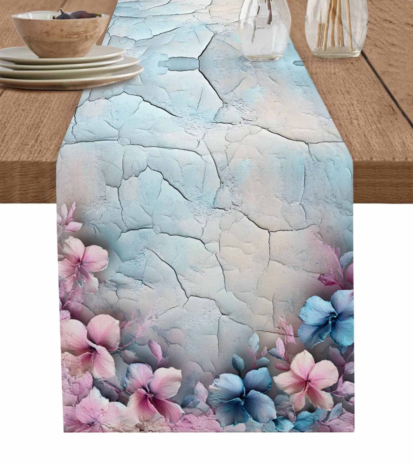 Pink Blue Flower Table Runner Cotton Linen 36 Inch Holiday Dresser ...
