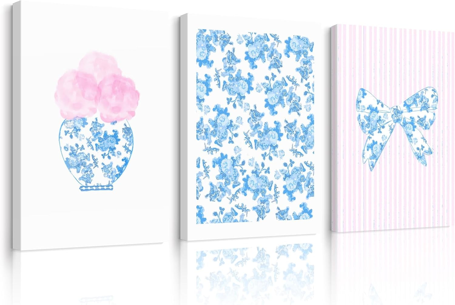 Pink Blue Flower Wall Art Bow Chinoiserie Canvas Wall Art Decor ...