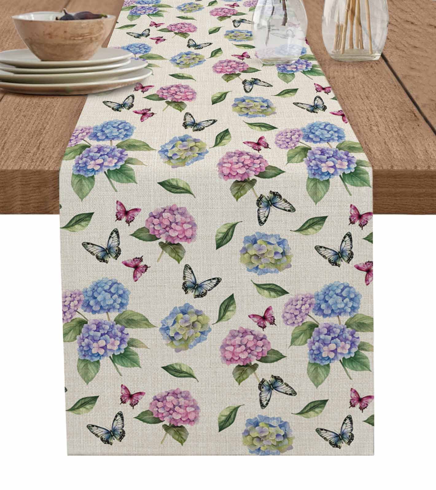 Pink Blue Hydrangea Table Runner 72 Inches, Spring Summer Botanical ...
