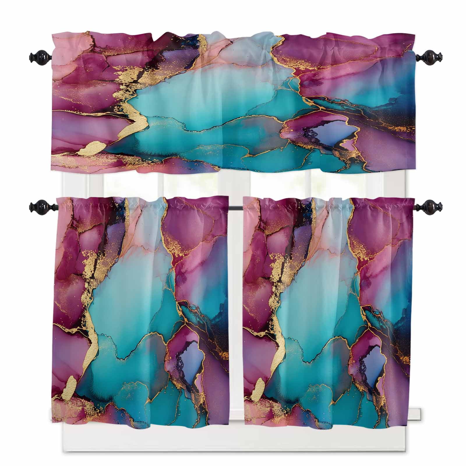 Pink Blue Marble Kitchen Curtains Valance and Tier Set Bronzing Modern ...