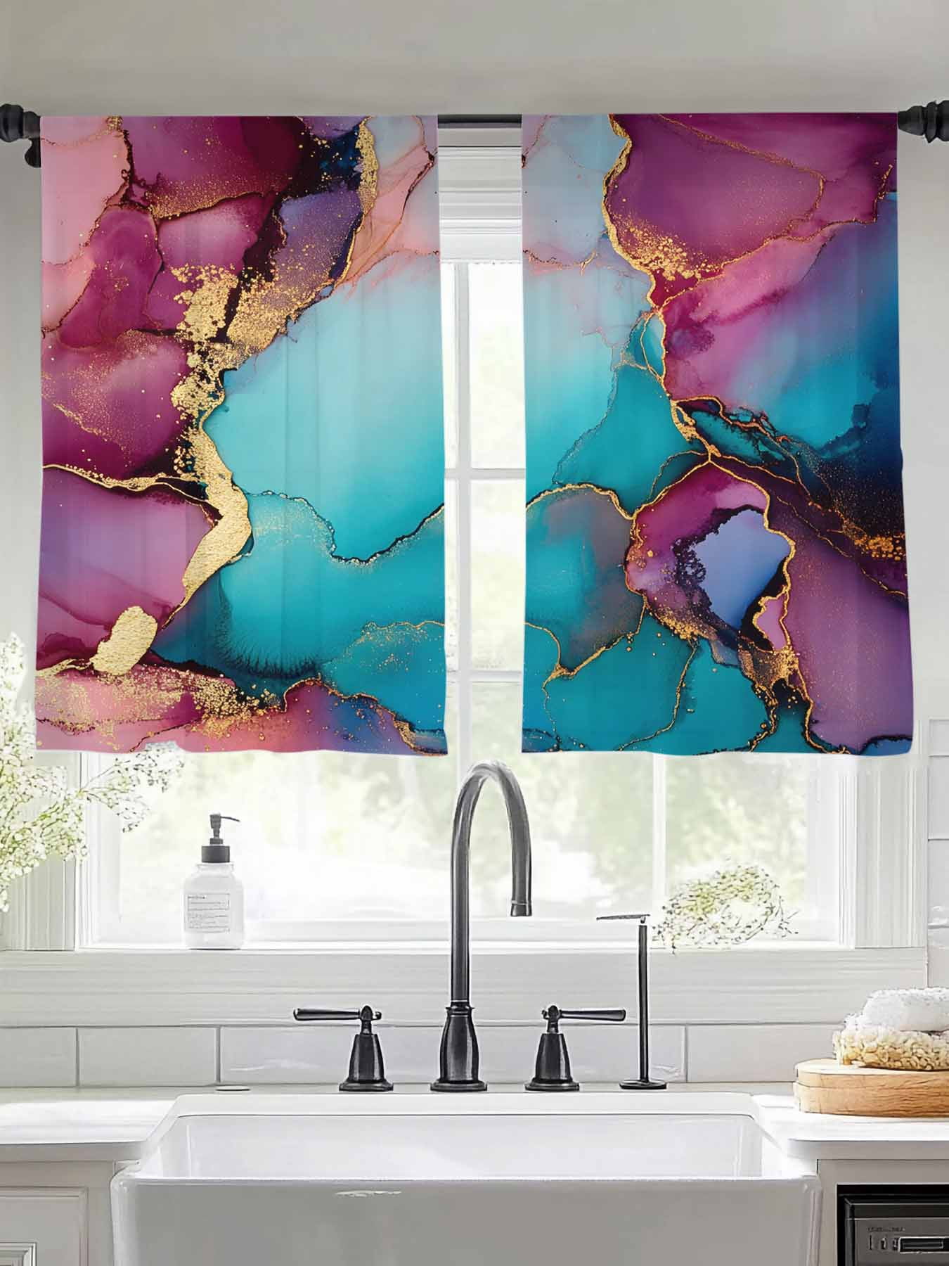 Pink Blue Marble Sheer Curtains 45 Inches Long 2 Panels Bronzing Modern ...