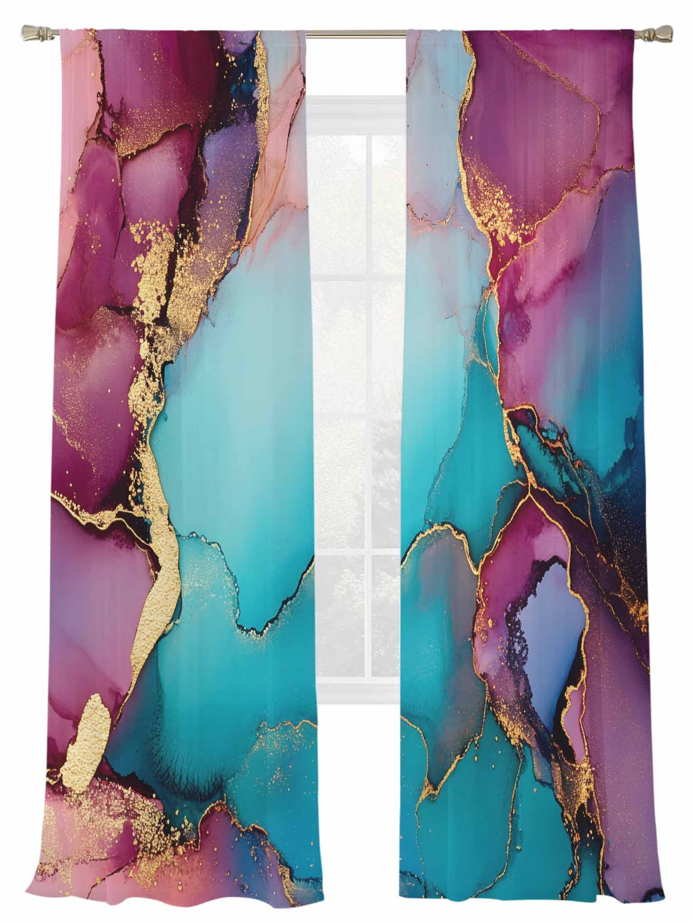Pink Blue Marble Sheer Curtains for Living Room Bedroom, Light ...