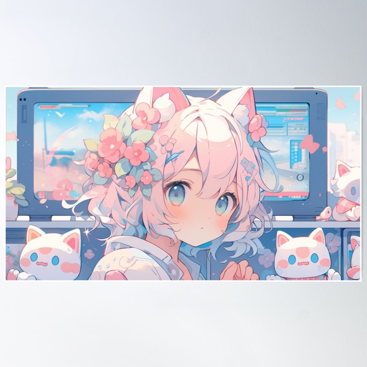 Pink & Blue Pastel Neko Gamer Anime Girl Poster Wall Art, Modern Wall ...