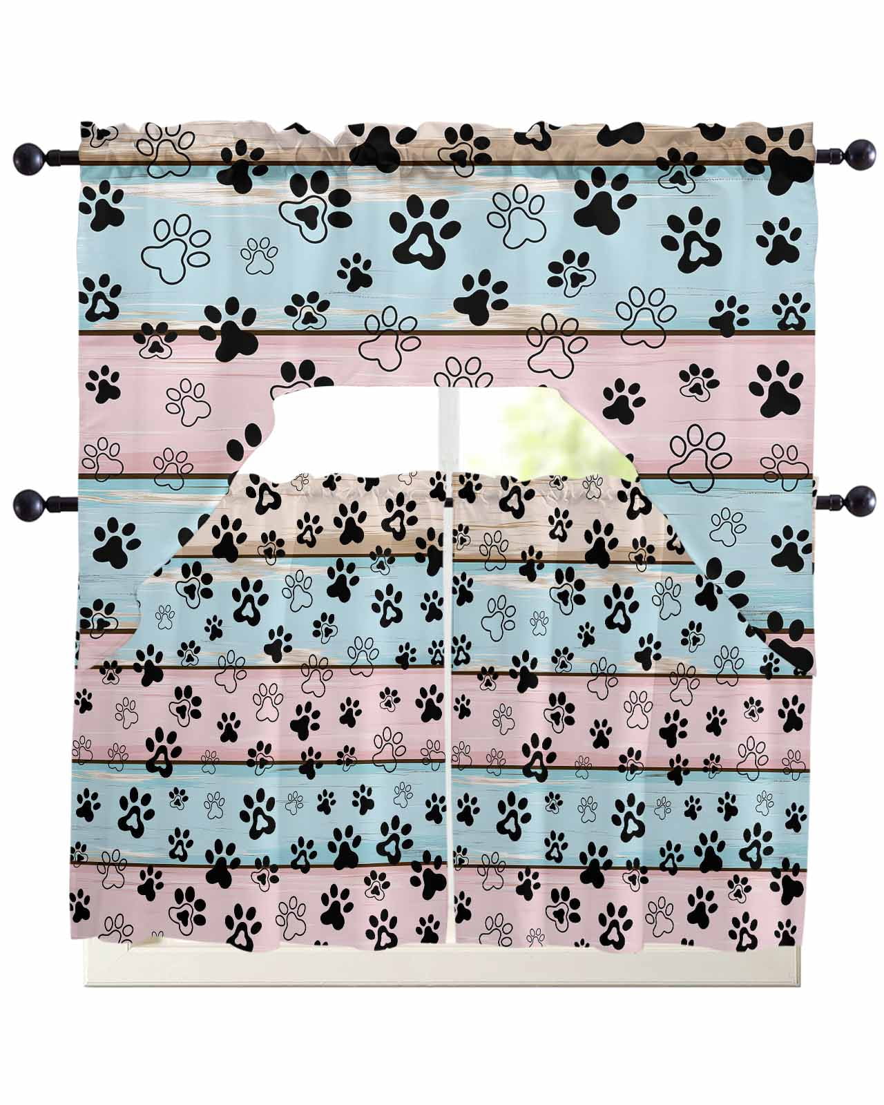 Pink Blue Paw Print Kitchen Curtains Sets 36 Inch Length with Valance ...