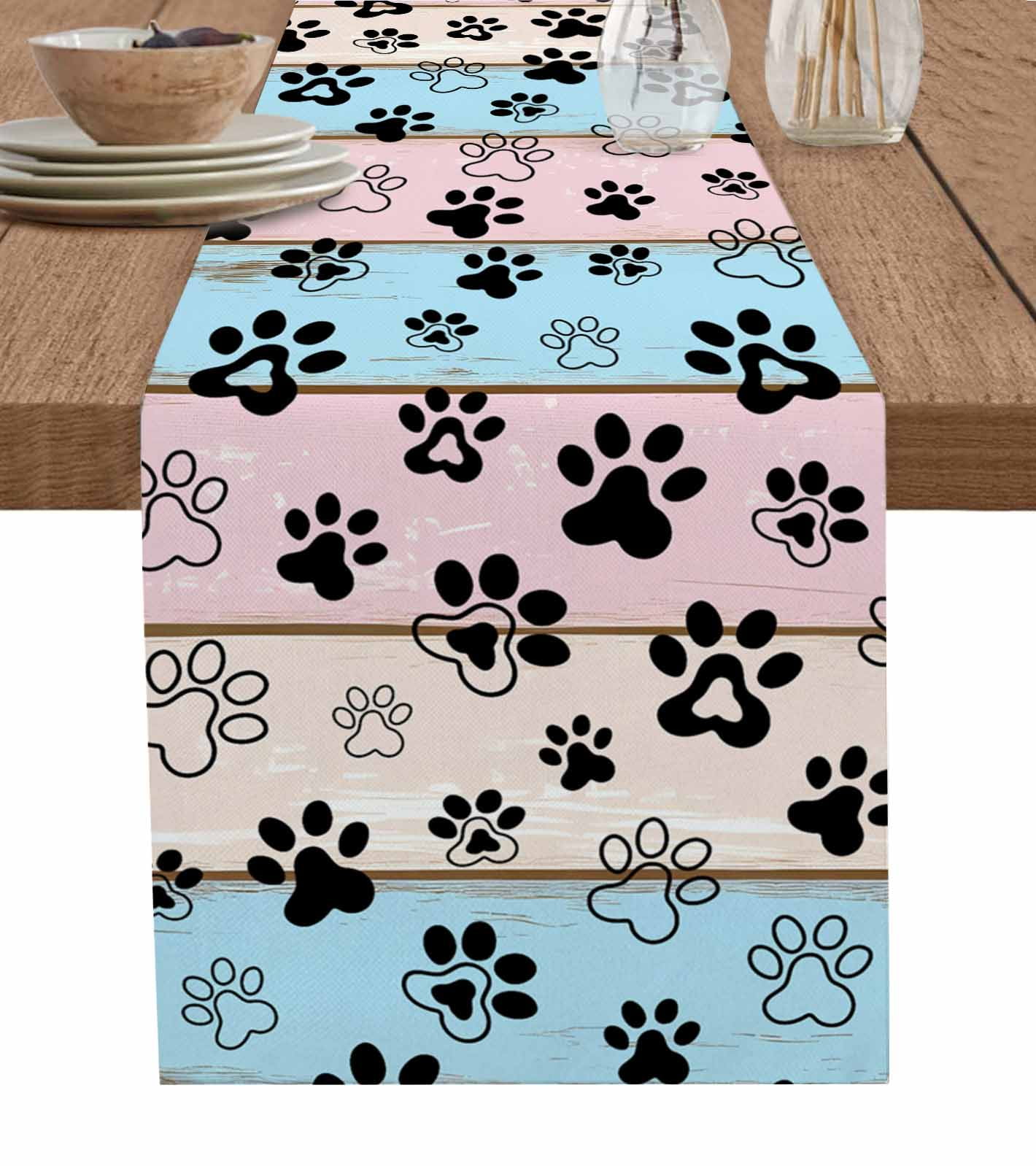 Pink Blue Paw Print Table Runner 72 Inches, Vintage Farmhouse Rustic ...
