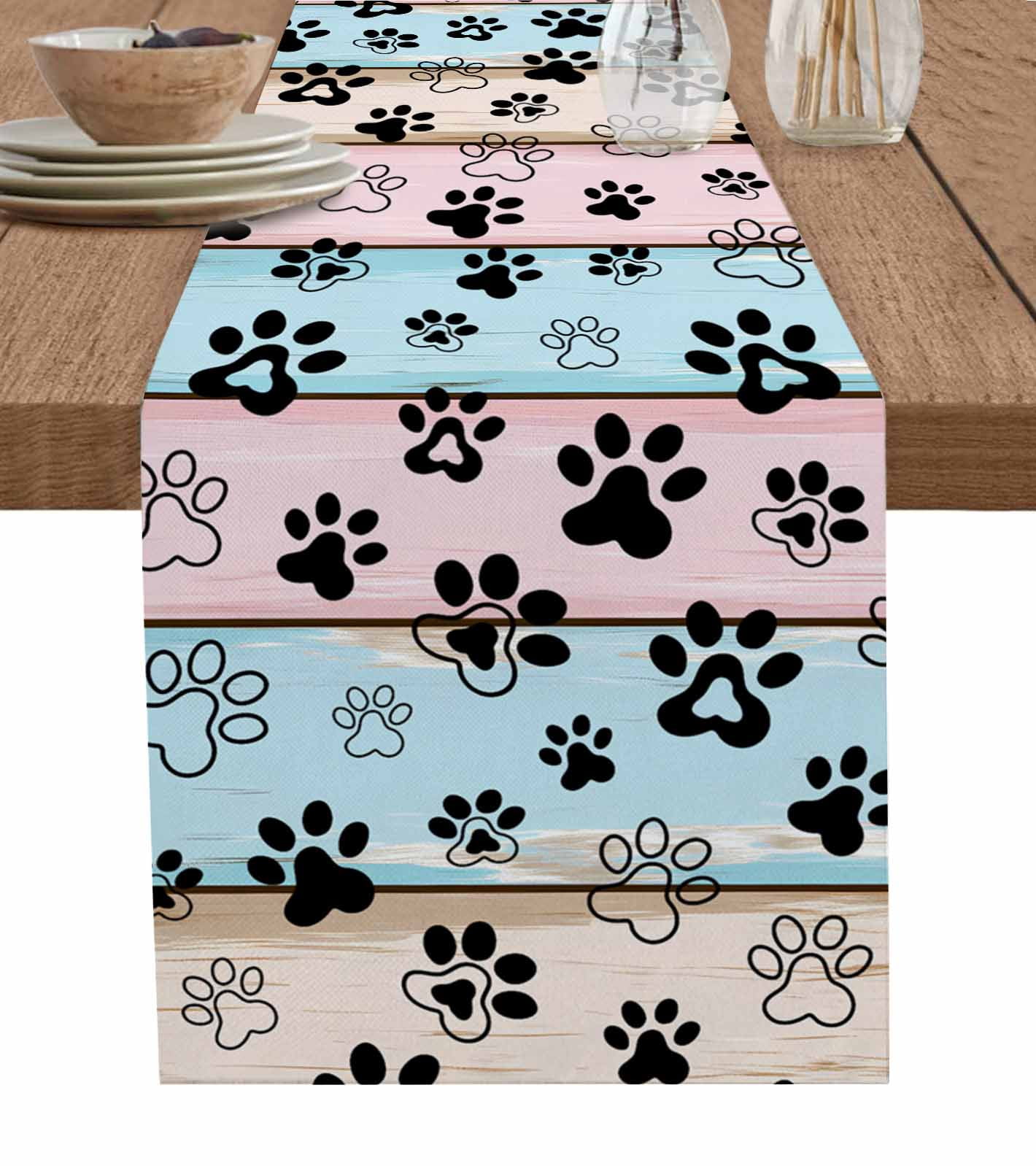 Pink Blue Paw Print Table Runner 72 Inches, Vintage Farmhouse Shabby ...