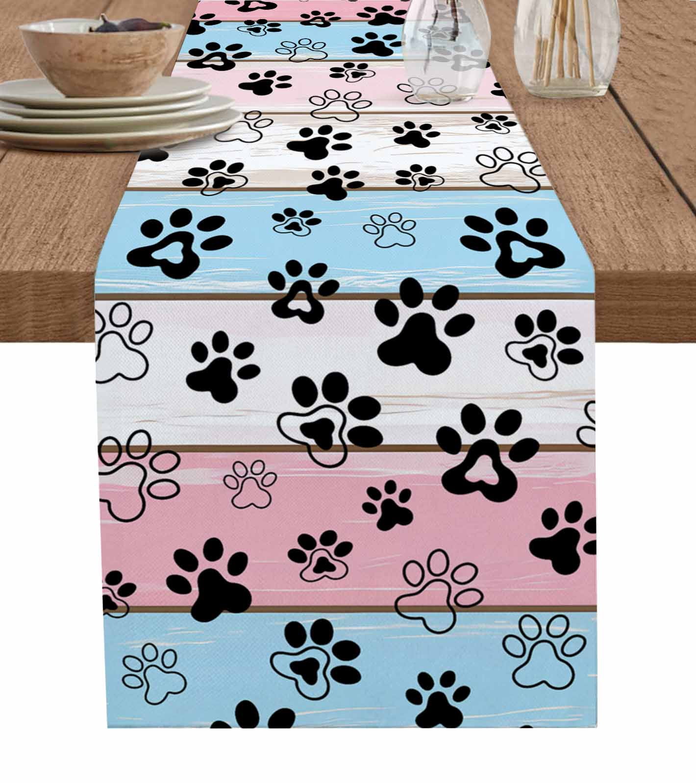 Pink Blue Paw Print Table Runner 72 Inches, Vintage Farmhouse Wooden ...