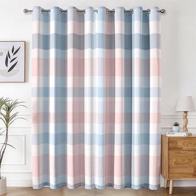 Pink Blue Plaid Blackout Curtains, Modern Simple Curtains for Living ...