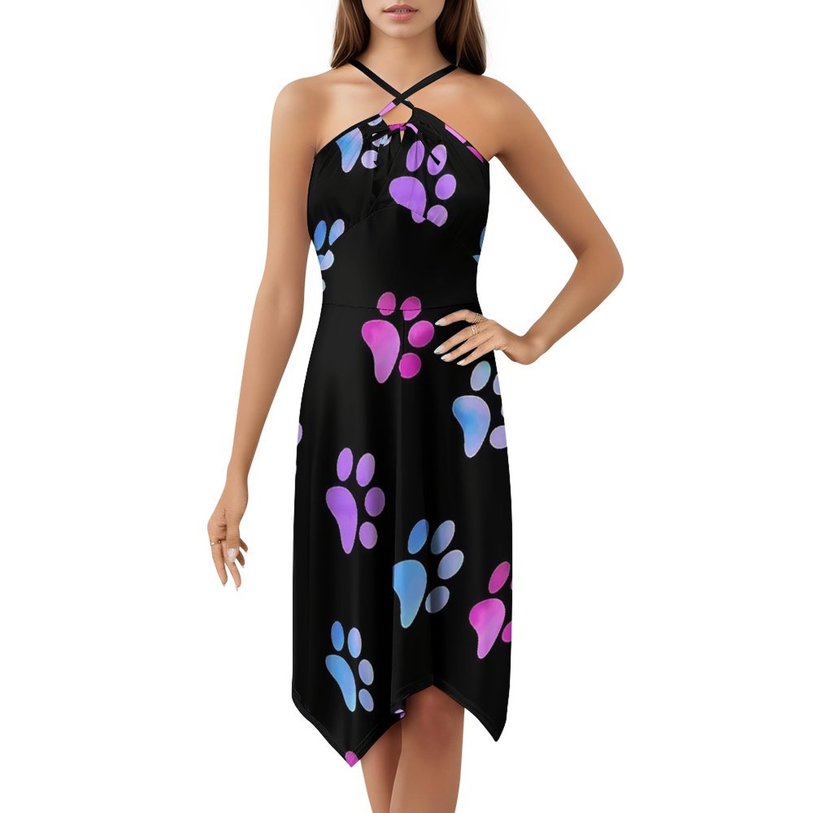Pink Blue Purple Galaxy Paw Prints Dress Elegant Party Dresses Evening ...