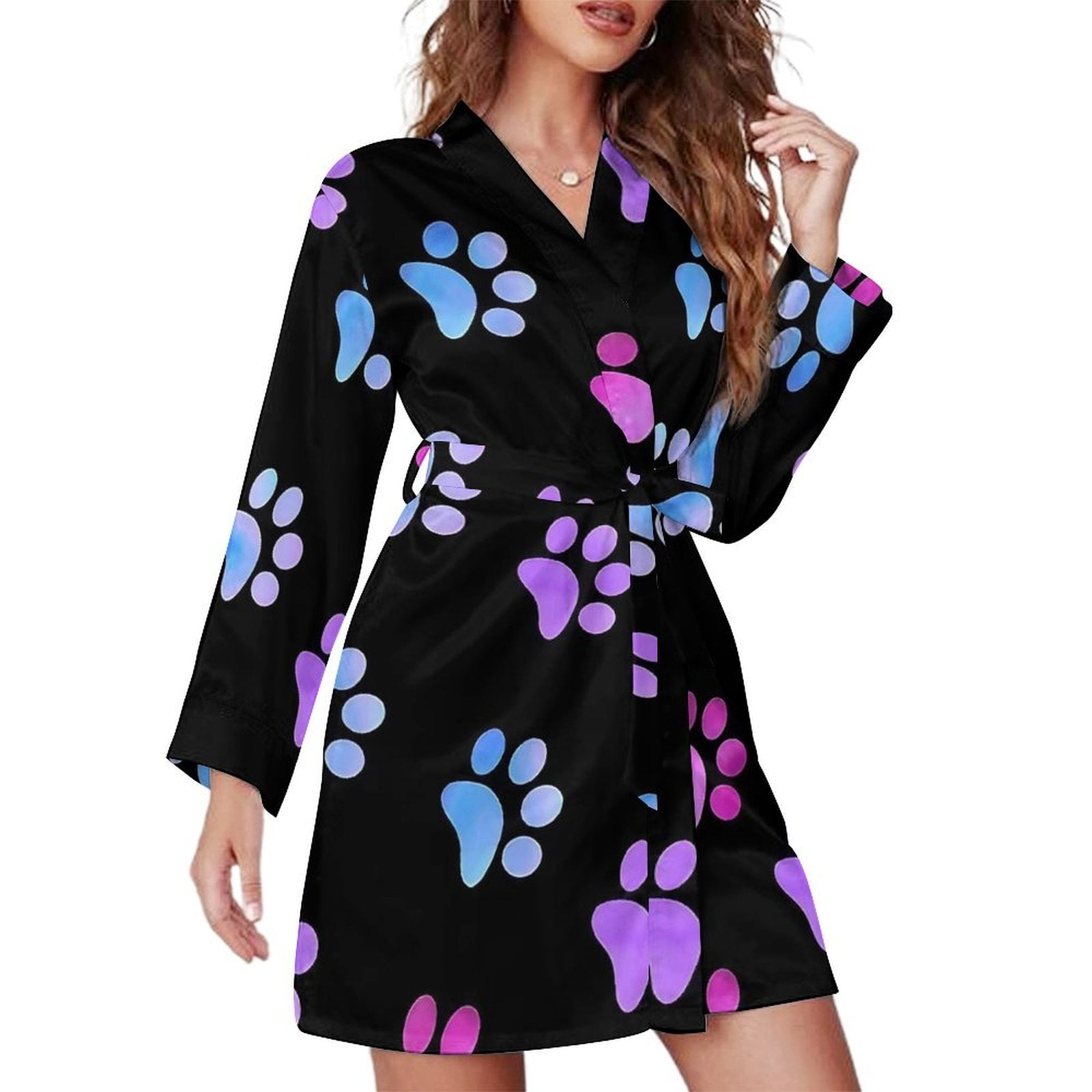 Pink Blue Purple Galaxy Paw Prints Night Robe Long Sleeve V Neck Robe ...