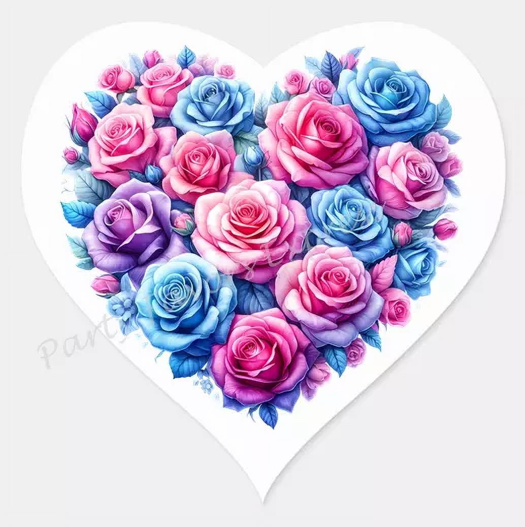 Pink And Blue Roses Sticker Party Favors Sticker - (Heart Shaped ...