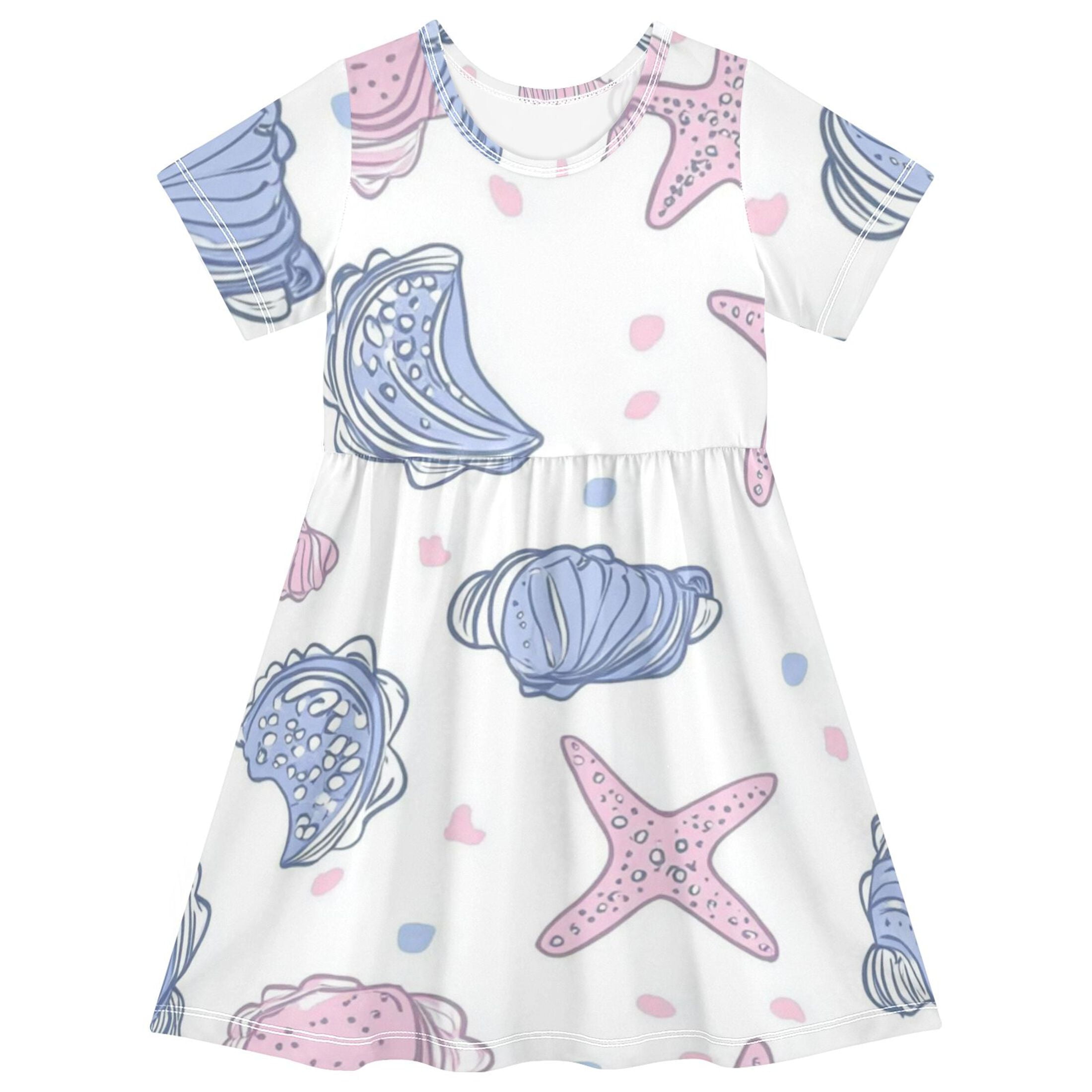 Pink Blue Seashells Girls' Short Sleeve Dress A-Line One-Piece Dress ...