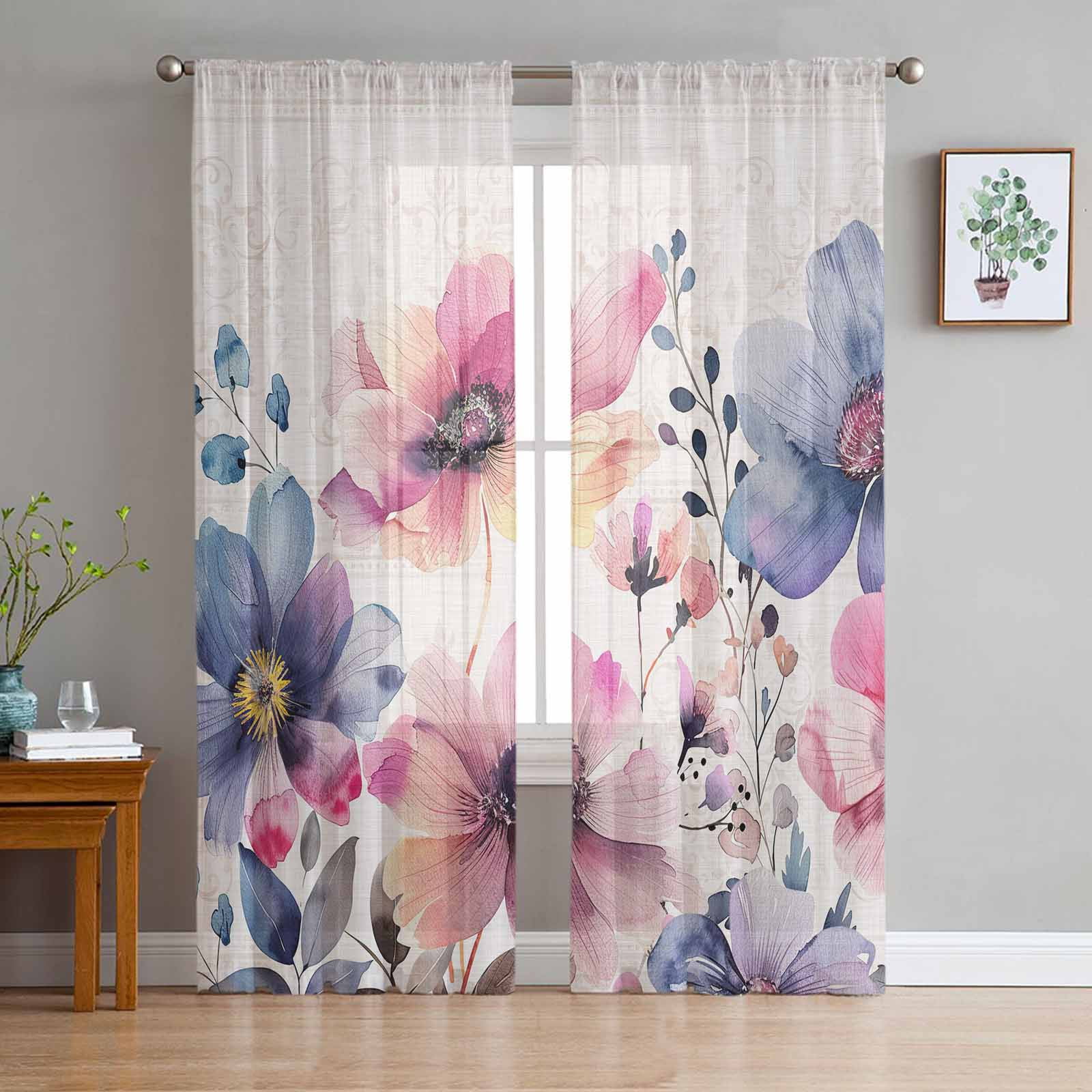 Pink Blue Spring Floral Sheer Curtains 63 Inches Length 2 Panels Set ...
