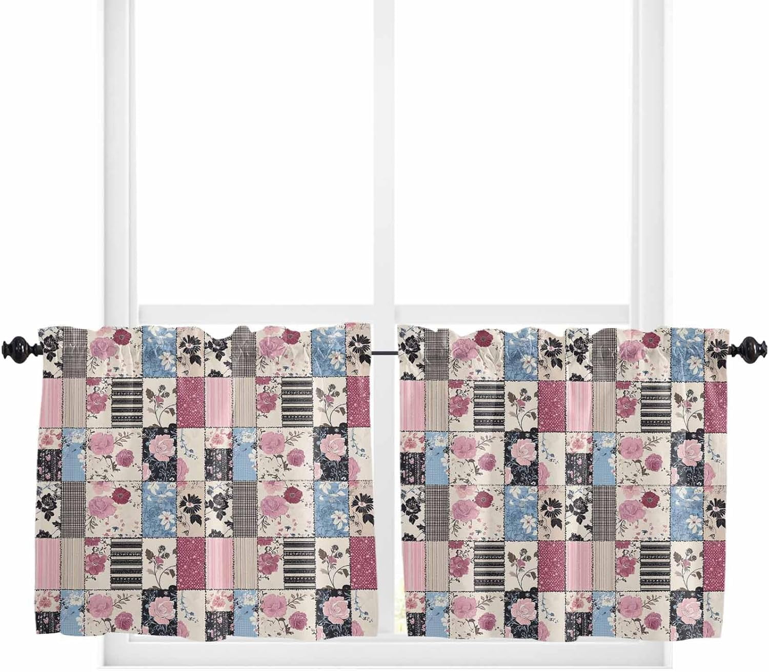 Pink Blue Spring Floral Tier Curtains 24 Inch Length for Small Windows ...