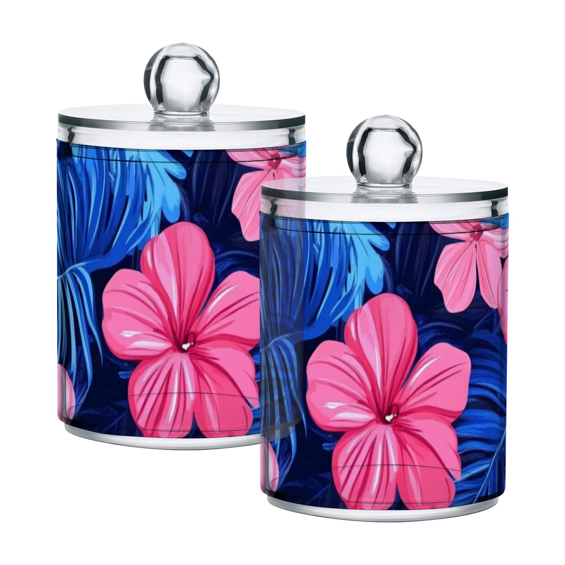 Pink Blue Tropical Flowers with Palm Leaves Translucent Plastic Cans ...