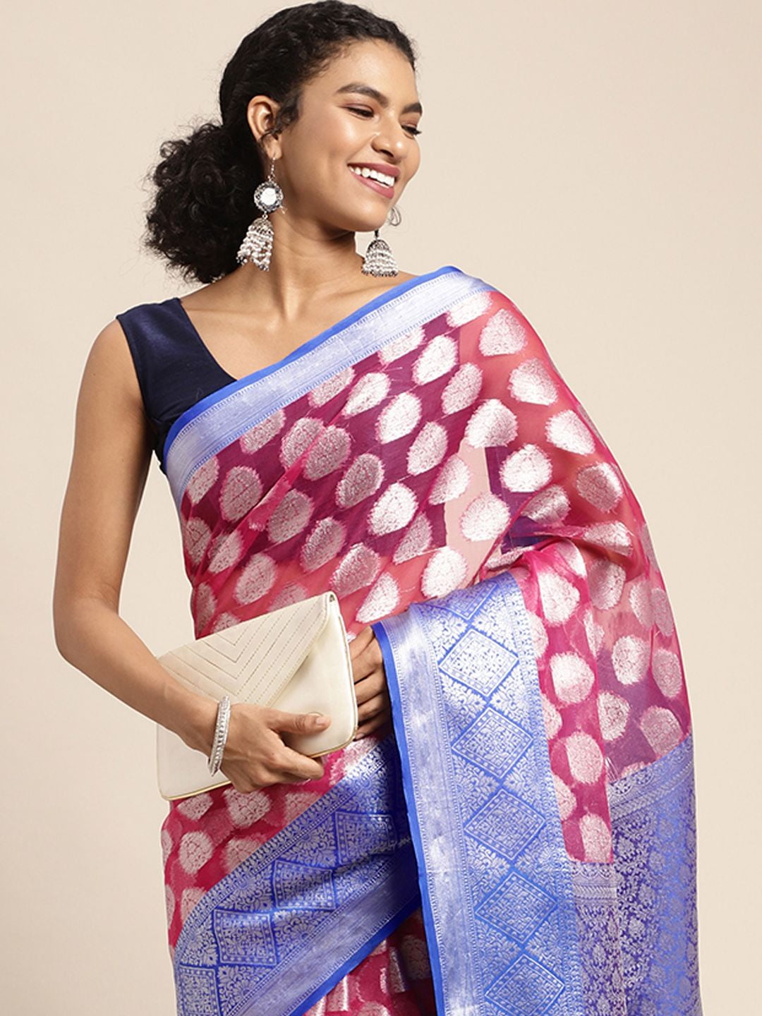 Pink & Blue Woven Design Organza Taant Saree - 17933542 - Walmart.com
