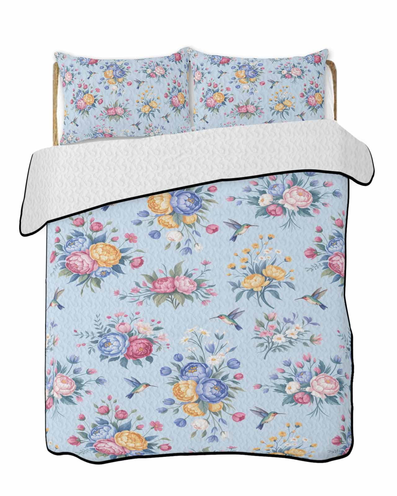 Pink Blue Yellow Floral 3 Pieces Quilt Set, 1 Quilt with 2 Shams ...