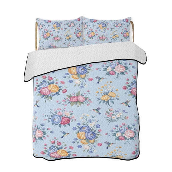 Pink Blue Yellow Floral 3 Pieces Quilt Set, 1 Quilt with 2 Shams ...