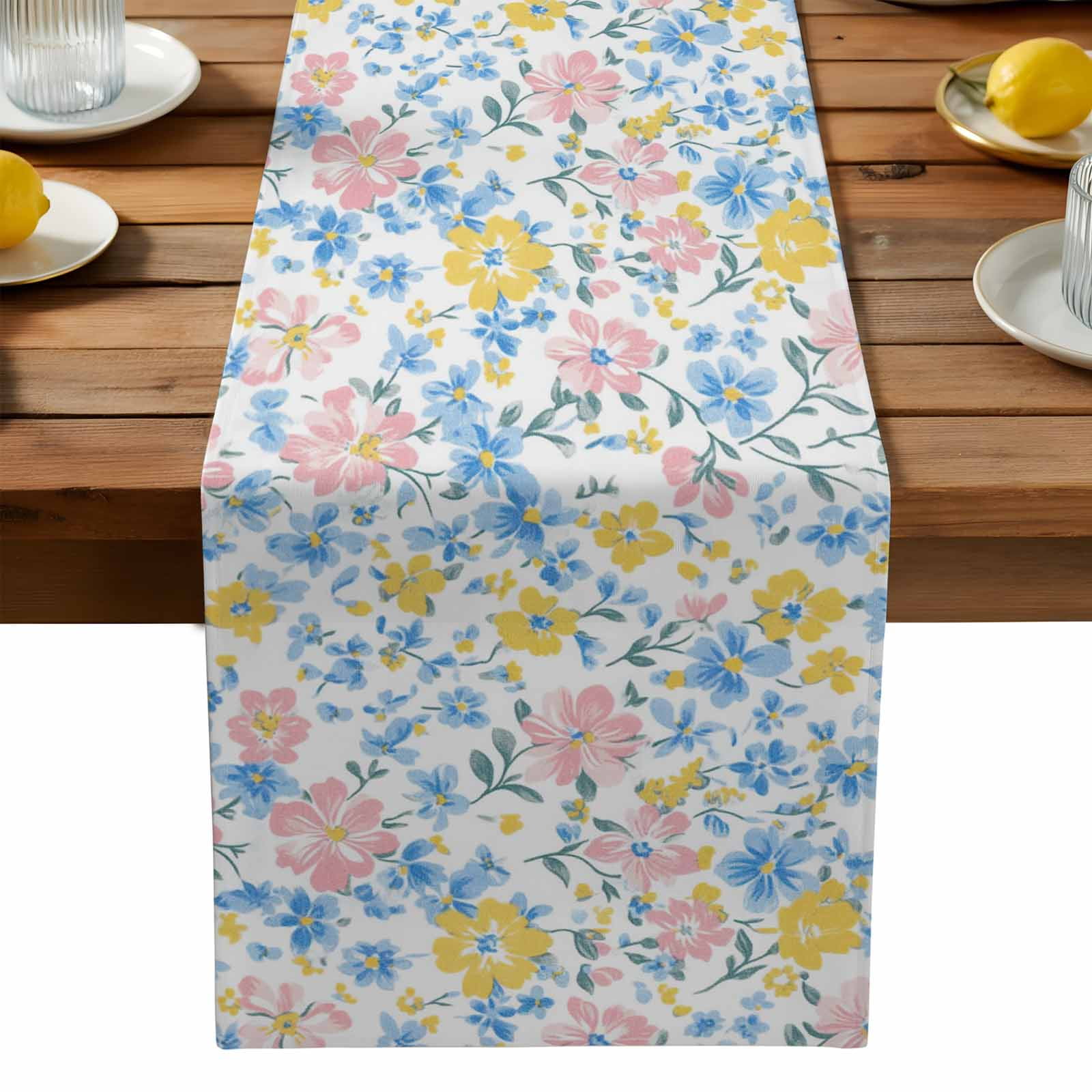 Pink Blue Yellow Floral Table Runner, Watercolor Flowers Kitchen Table ...