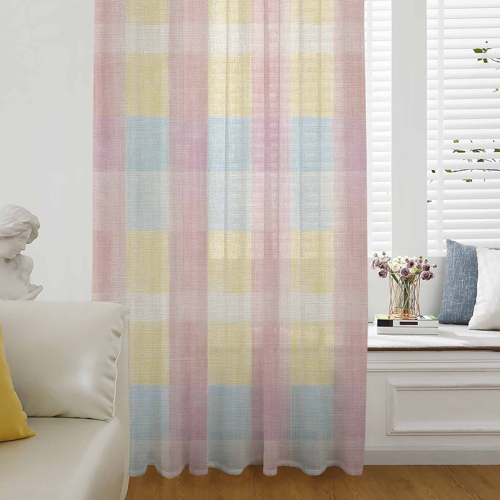 Pink Blue Yellow Window Curtain 84 Inches Long,Rustic Buffalo Plaid ...