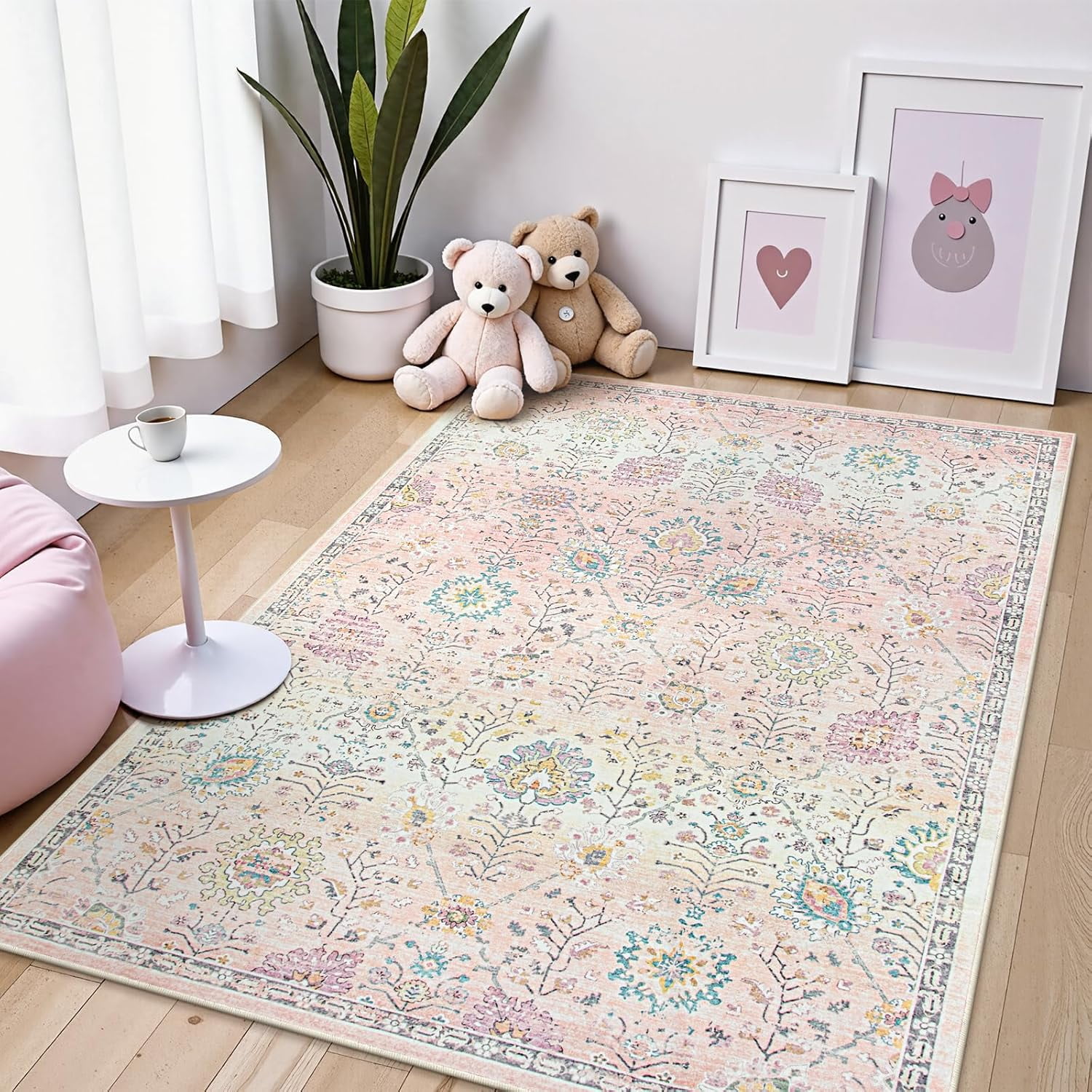 Pink Boho Area Rug for Nursery, 5x7 Washable Pink Rugs for Bedroom ...
