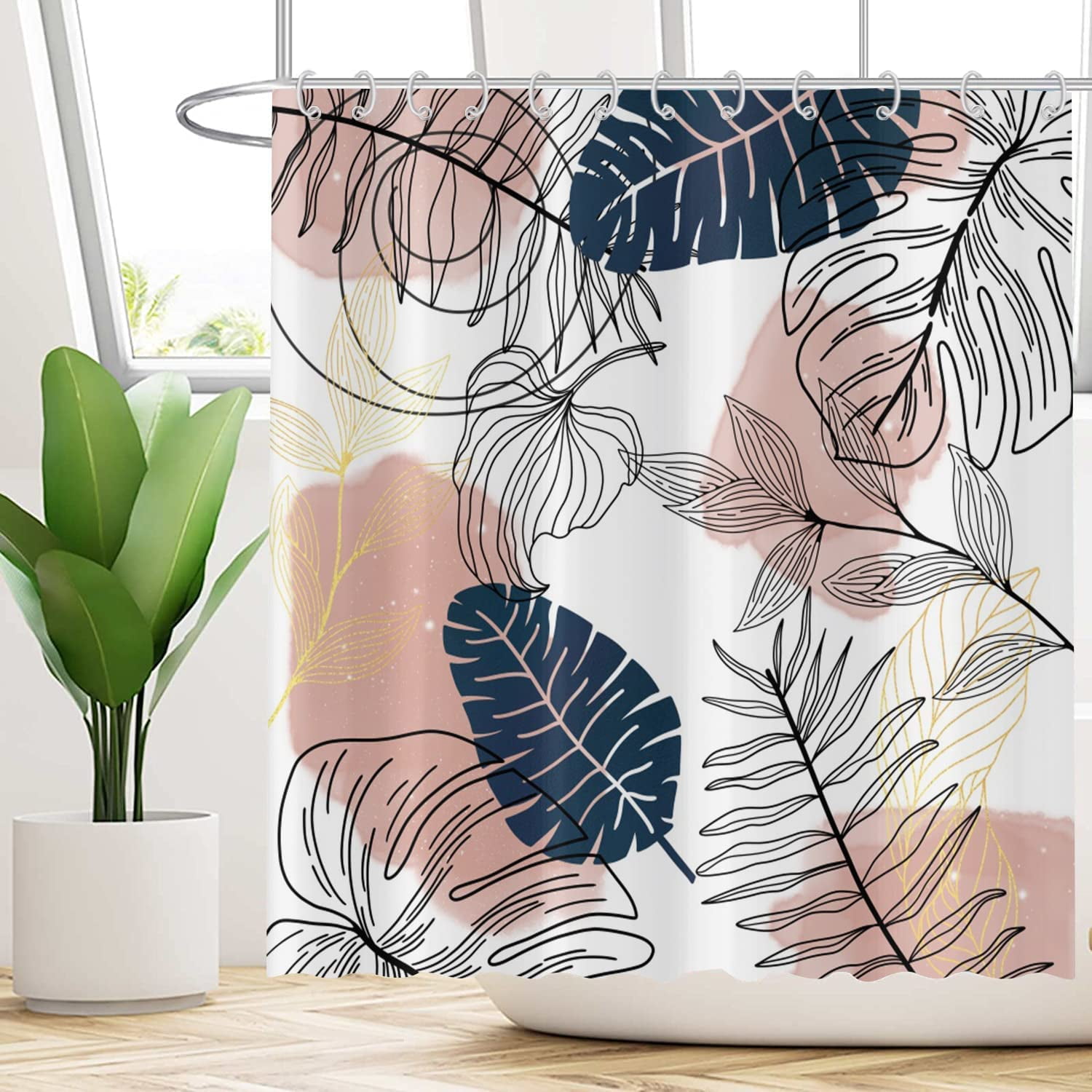 Pink Boho Chic Shower Curtain, Abstract Aesthetic Tropical Leaf with ...