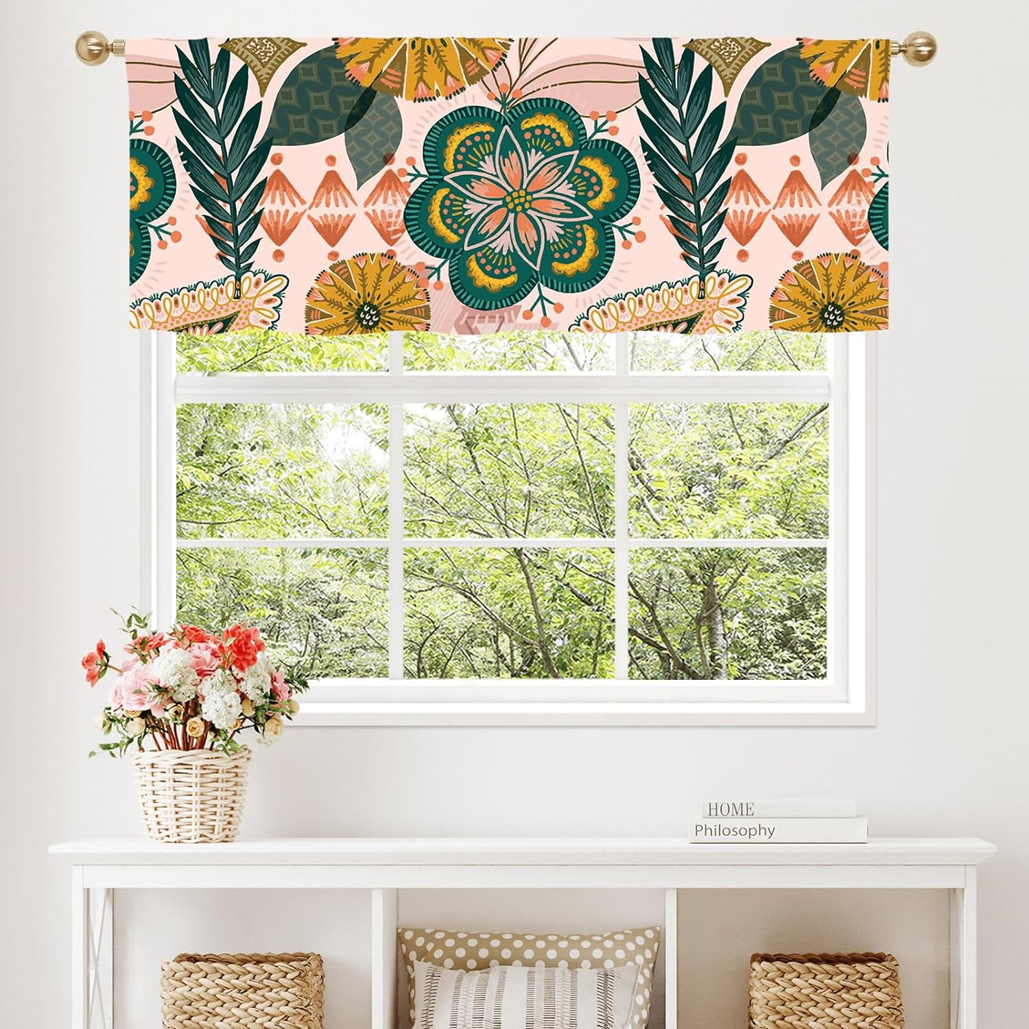 Pink Boho Kitchen Curtains Valances, Bohemian Flower Pattern Semi Sheer ...