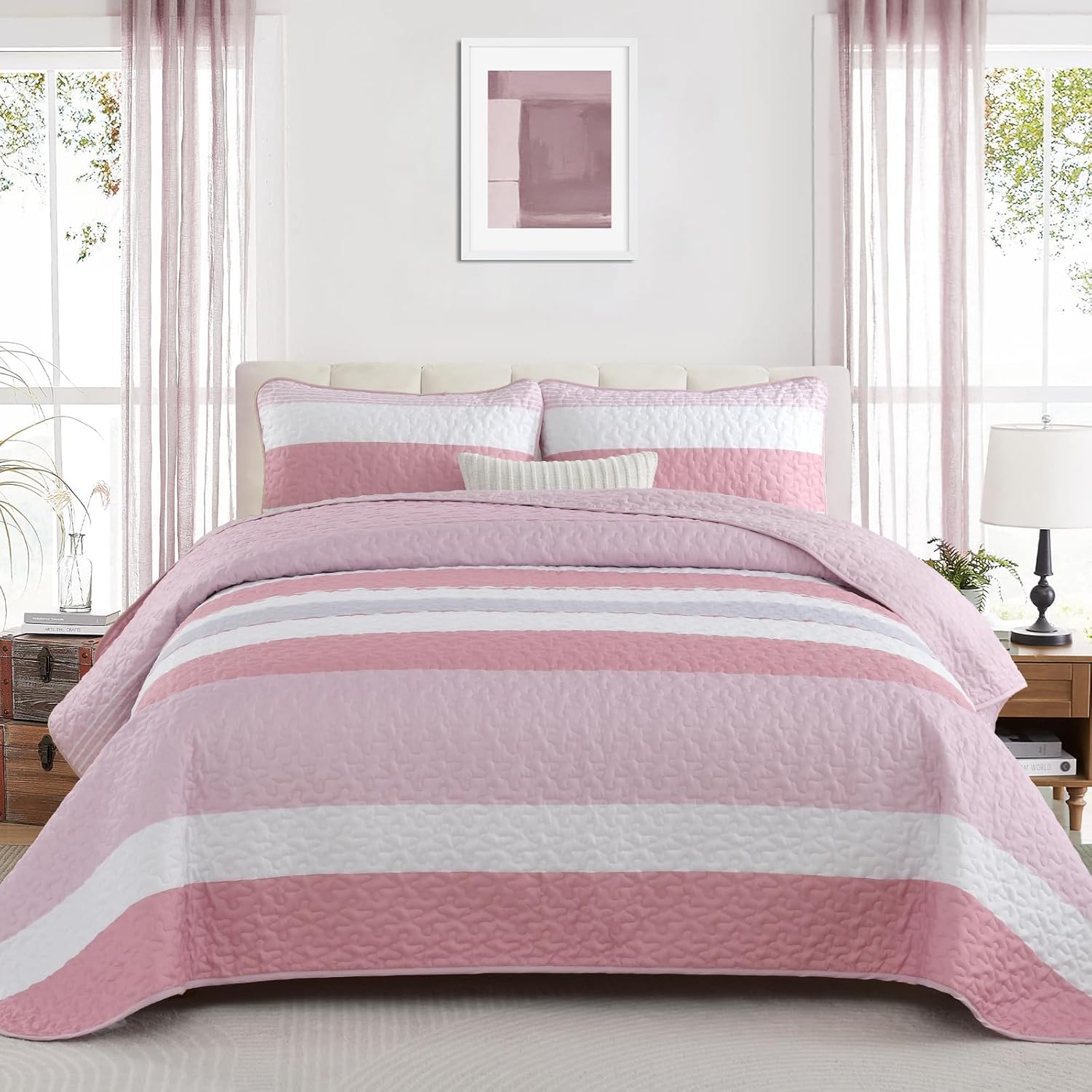 Pink Boho Quilt Set Queen, Striped Bedspread Queen Size Lightweight ...