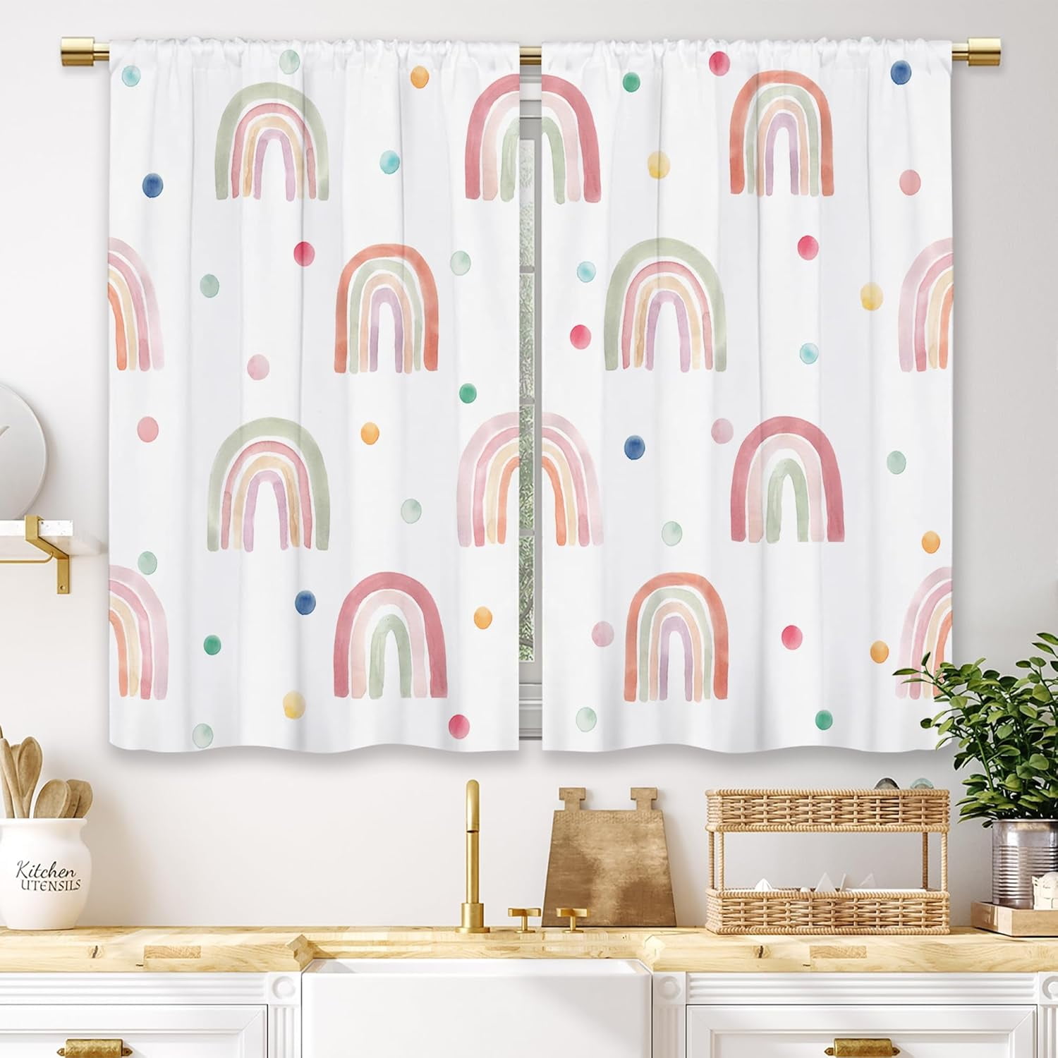 Pink Boho Rainbow Kitchen Curtains Cute Small Short Cafe Window ...
