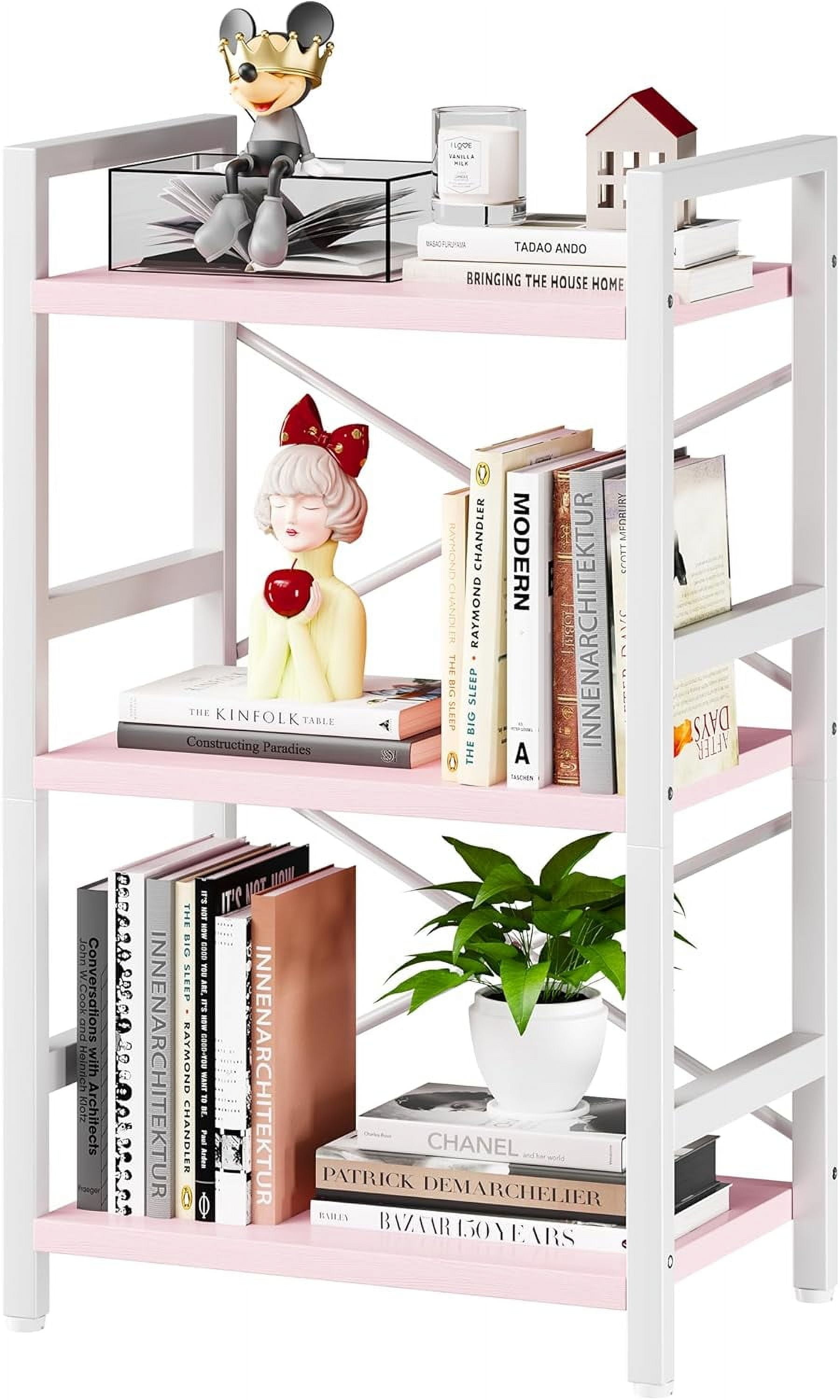 Pink Bookshelf, 3 Tier Industrial Bookcase, Metal Small Bookcase ...