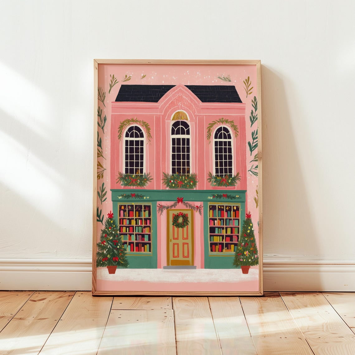 Pink Bookstore Poster, Cozy Whimsicaldecor, Winter Bookshop Wall Art ...