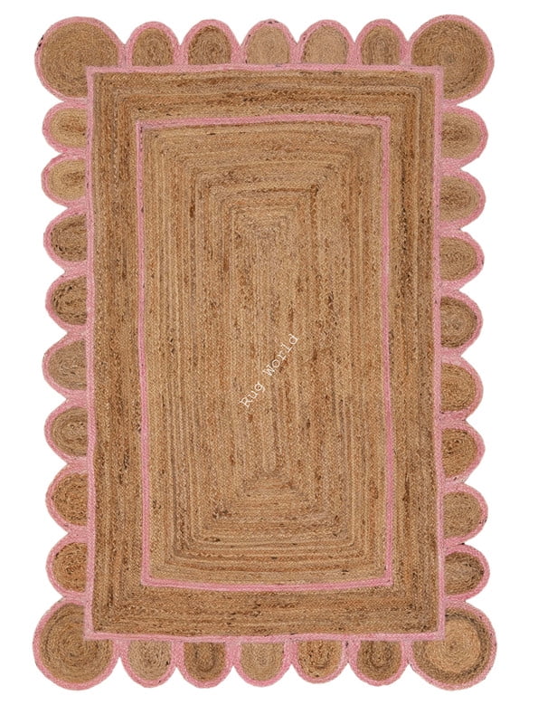 Pink Bordered Scalloped Area Rug Nonslip-Durable Carpet Braided ...
