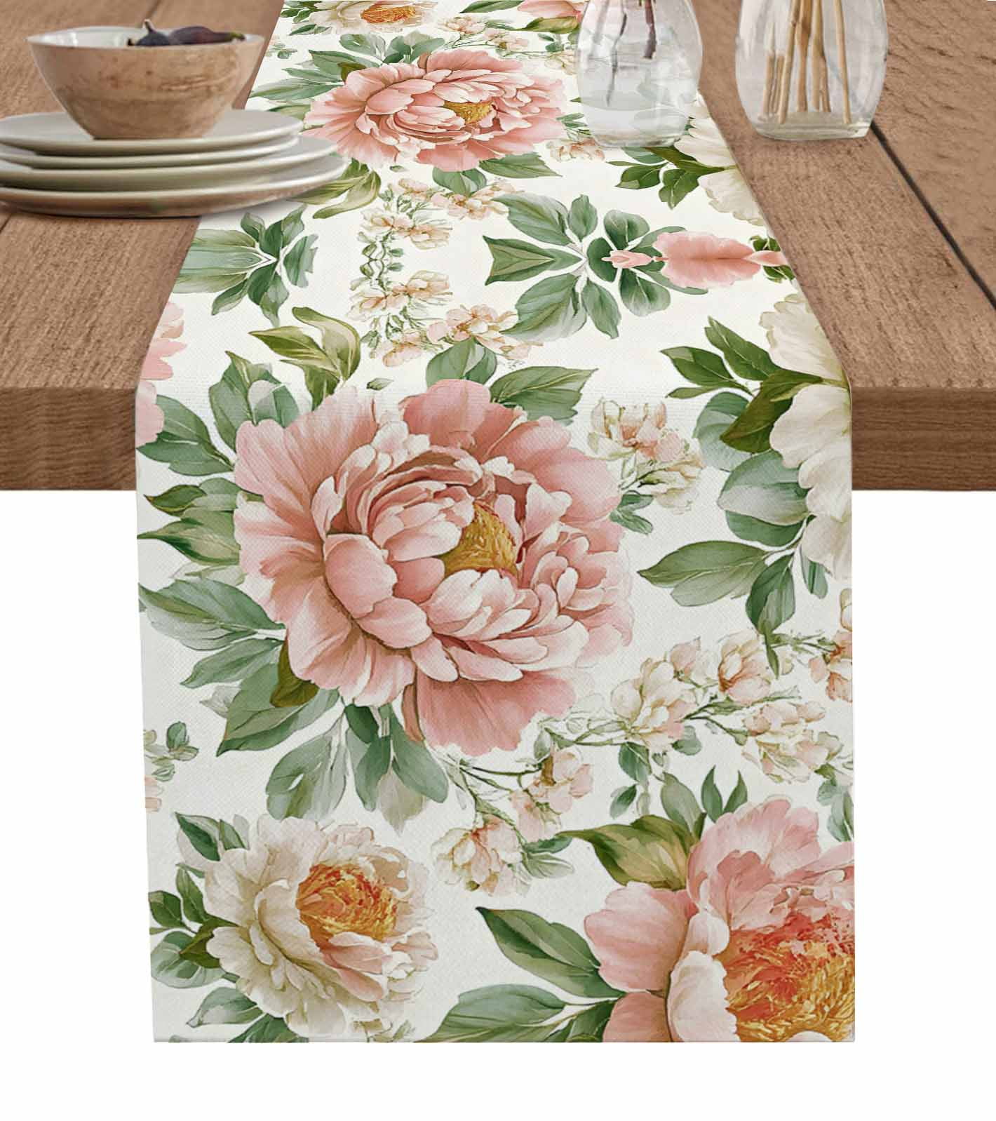 Pink Botanical Peony Table Runner 90 Inches, Spring Farmhouse Floral ...