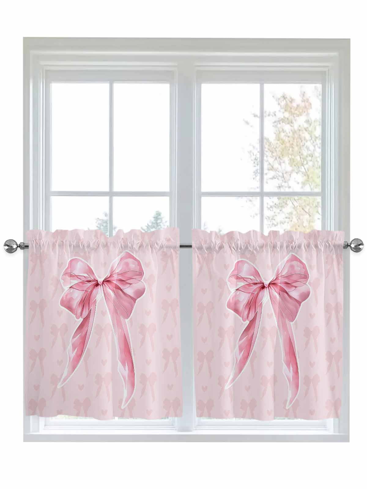 Pink Bow 2 Panel Kitchen Curtains for Small Windows, Cute Watercolor ...