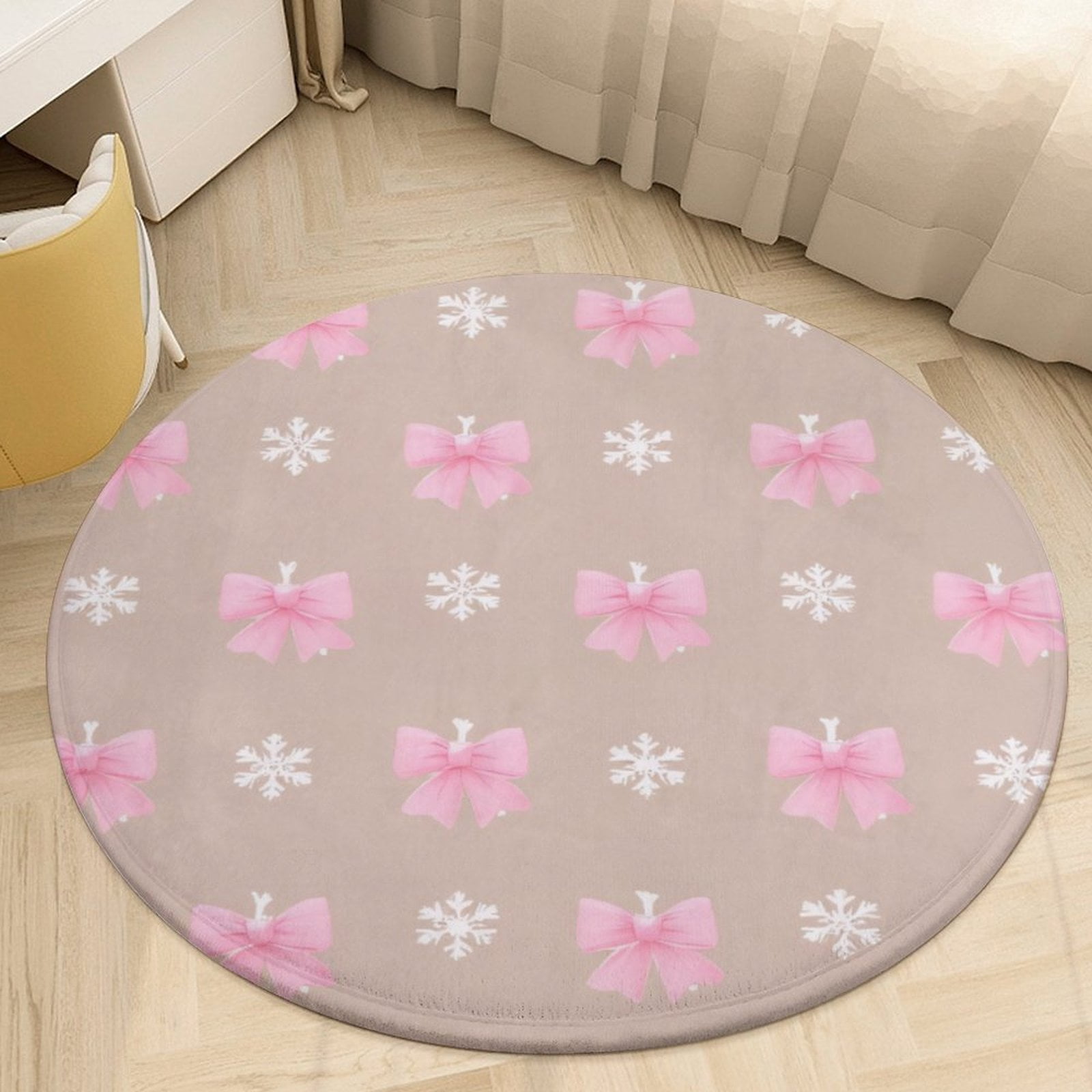 Pink Bow And Snowflake Pattern Round Area Rugs for Bedroom Living Room ...
