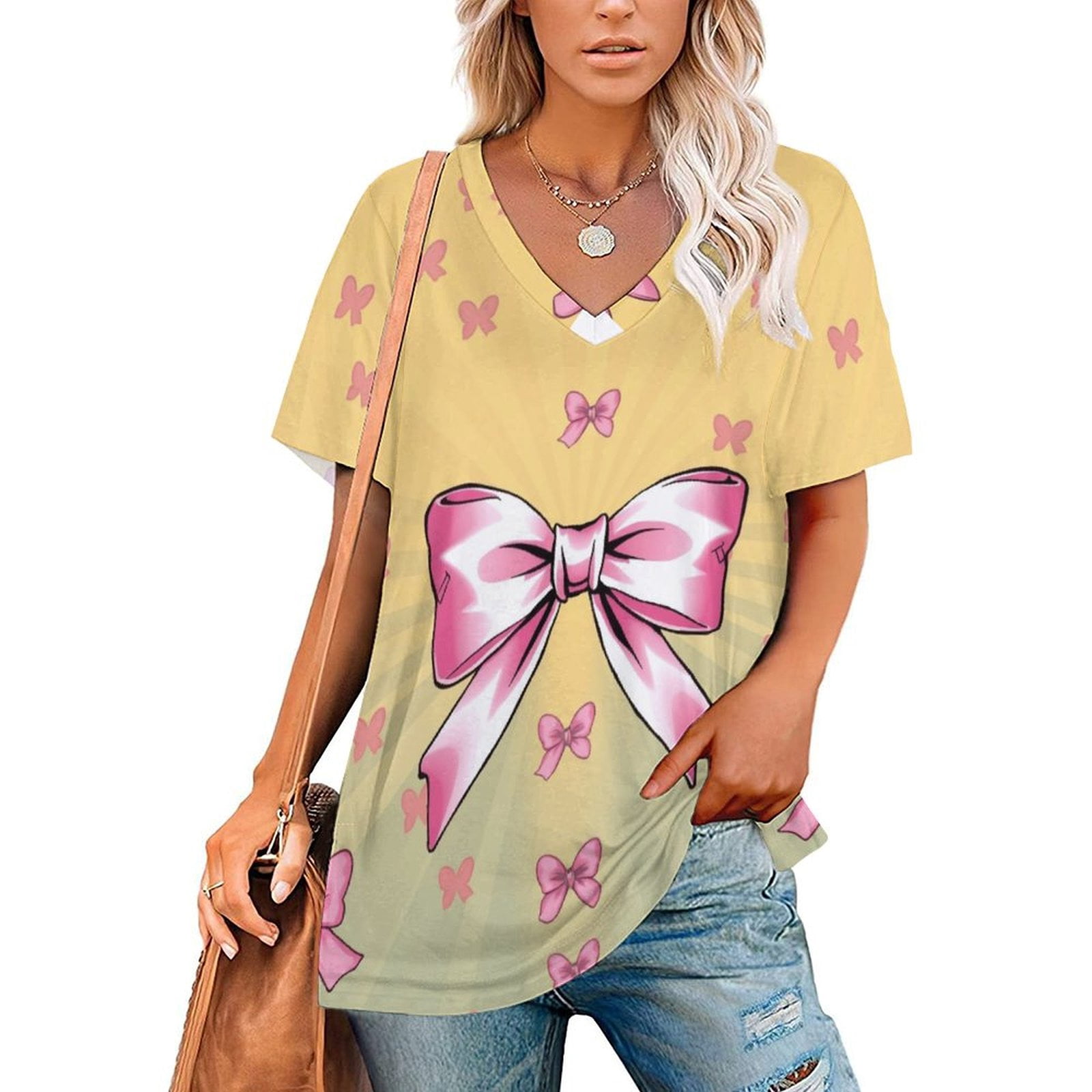 Pink Bow Background Pattern V Neck Fashion Oversize T-Shirt Short ...