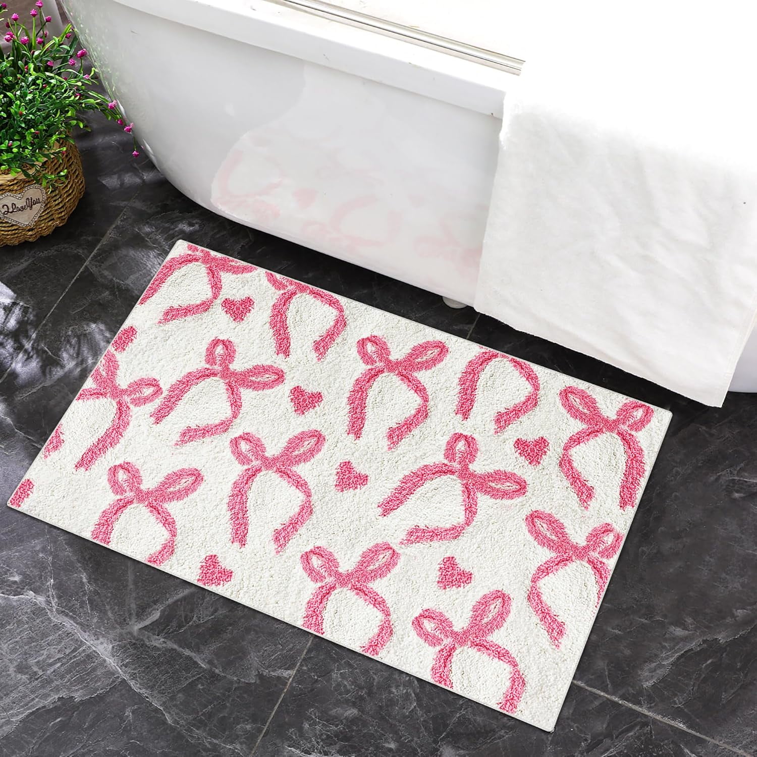 Pink Bow Bathroom Rug Coquette Cute Bath Mat for Bathroom Non Slip ...