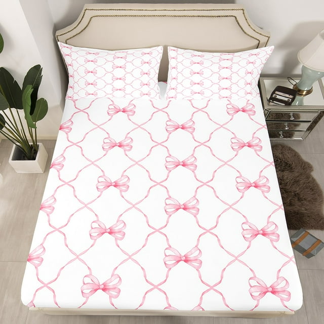 Pink Bow Bed Sheets Cute Bowknot Full Fitted Sheet Girls Grids Ribbon ...