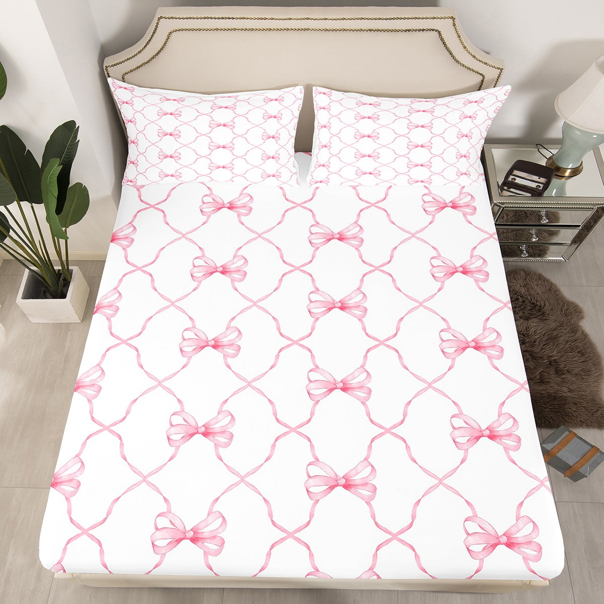 Pink Bow Bed Sheets Cute Bowknot Queen Fitted Sheet Girls Grids Ribbon ...