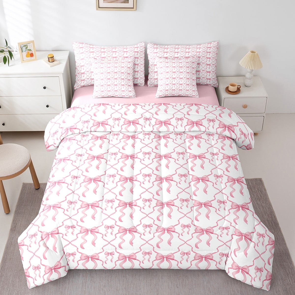 Pink Bow Bedding Set Teen Women,Cute Ribbon Bowknot Full Bed In A Bag 7 ...